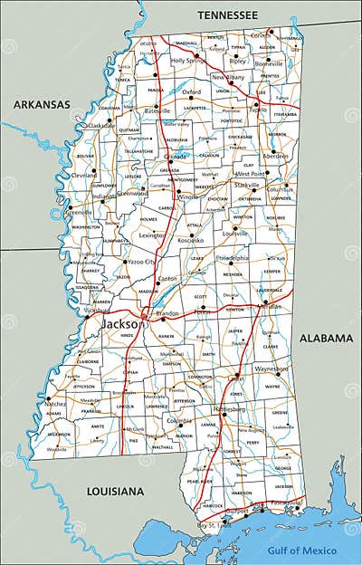 Detailed Mississippi Road Map with Labeling. Stock Vector ...