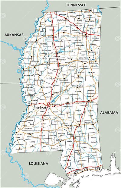 Detailed Mississippi Road Map with Labeling. Stock Vector ...