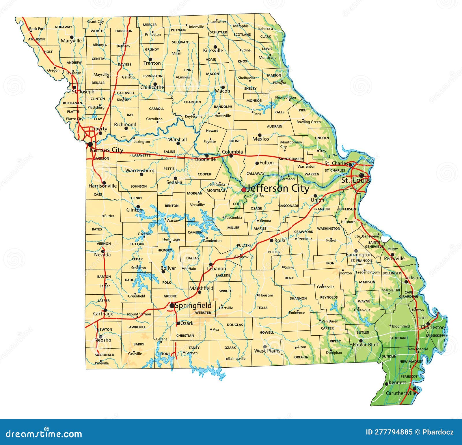 Detailed Missouri Physical Map with Labeling. Stock Vector ...