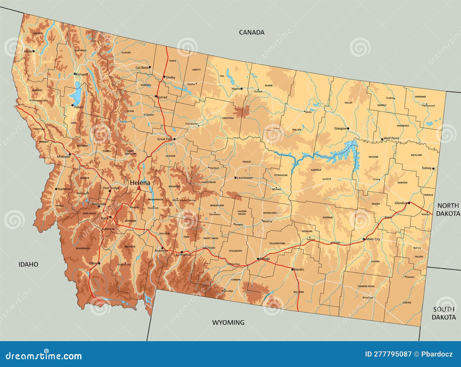 Detailed Montana Physical Map with Labeling. Stock Vector ...