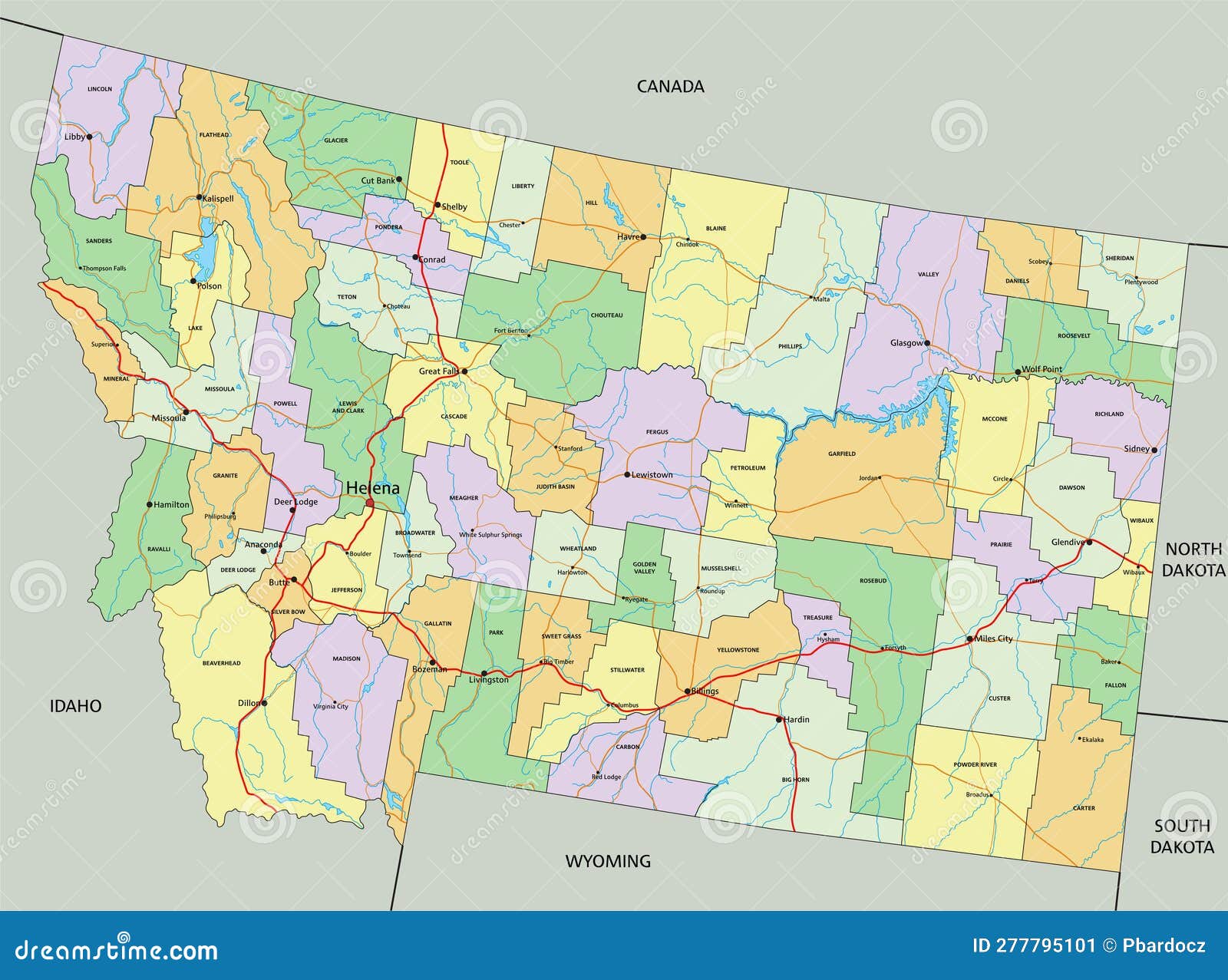 Montana - Detailed Editable Political Map With Labeling. Cartoon Vector ...