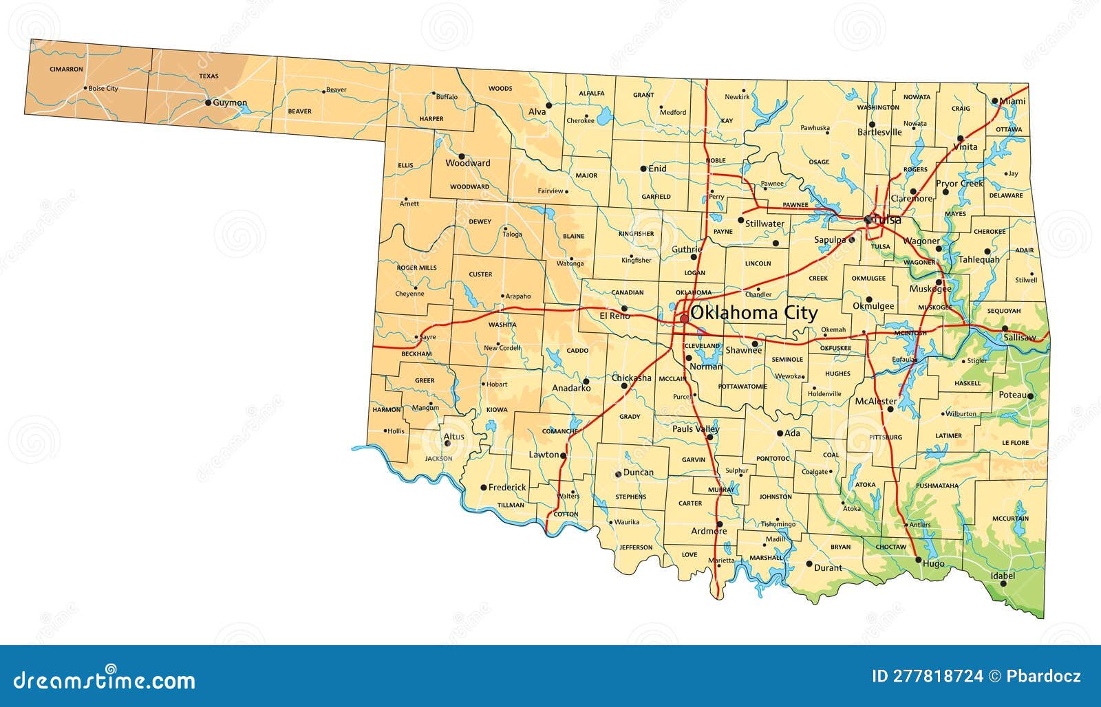 Detailed Oklahoma Physical Map with Labeling. Stock Vector ...