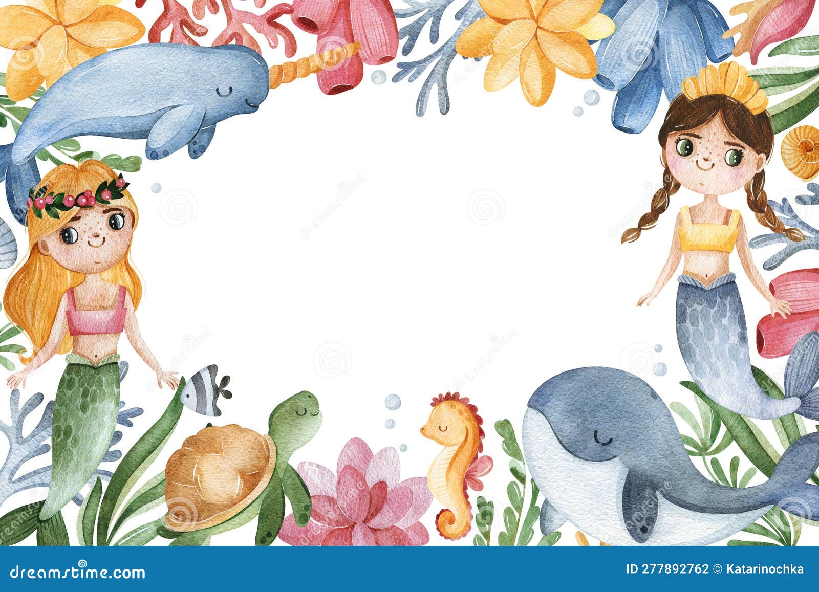 Watercolor Frame Border With Seaweeds,sea Creatures,little Mermaids And ...