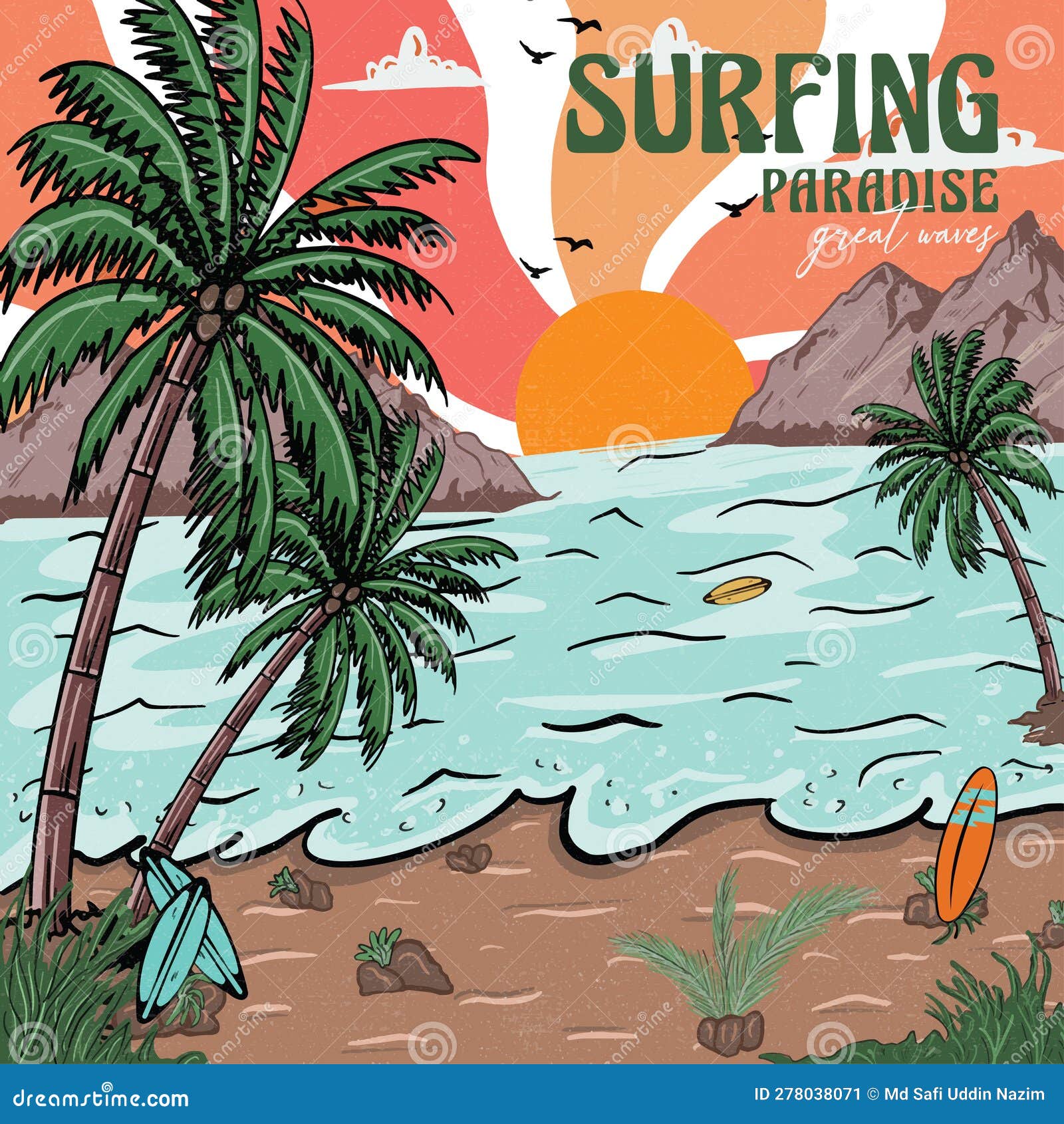 Vintage Retro Style Beach Wave Beach Summer Surfing Paradise. Stock ...