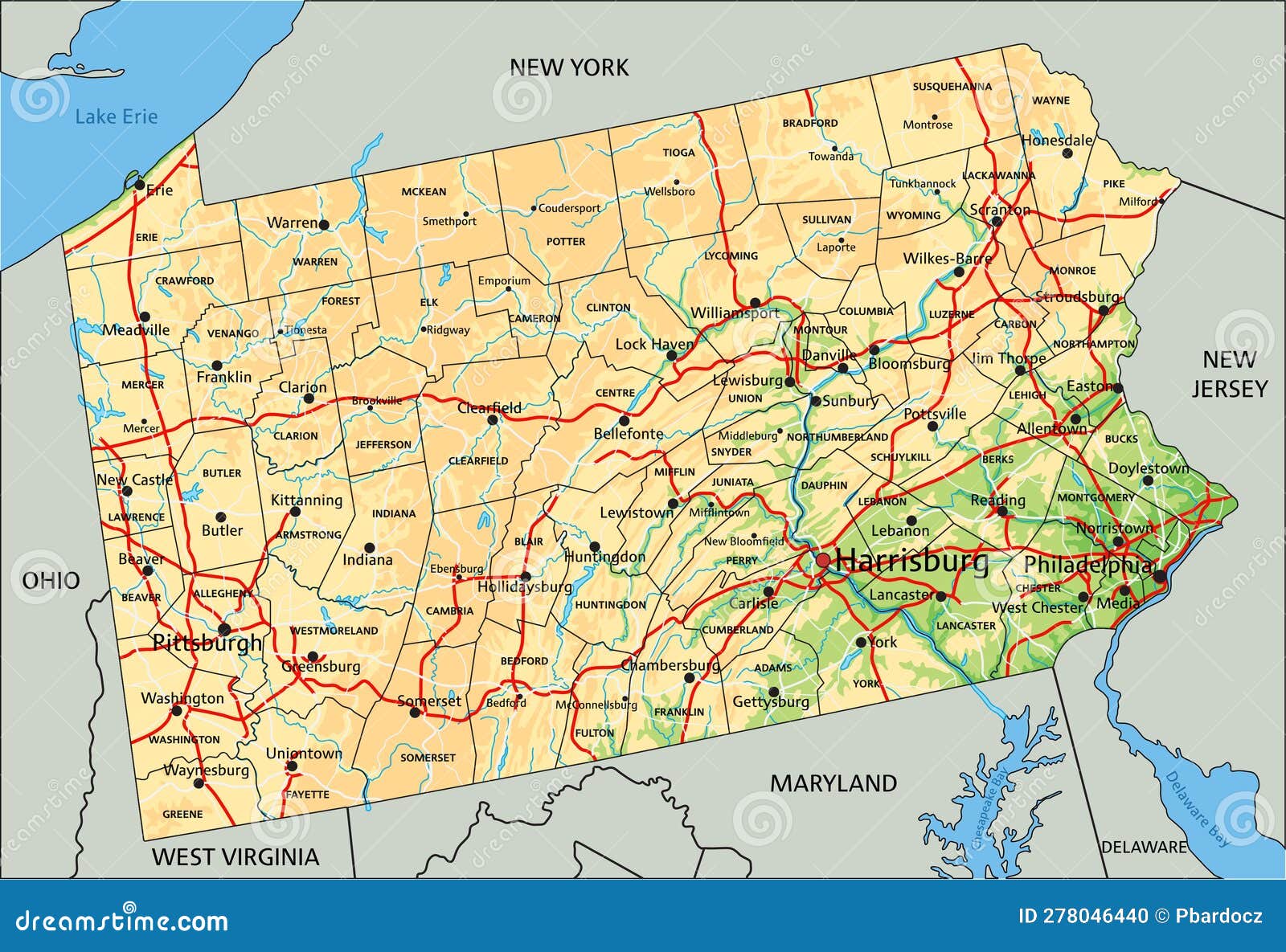 Detailed Pennsylvania Physical Map with Labeling. Stock Vector ...