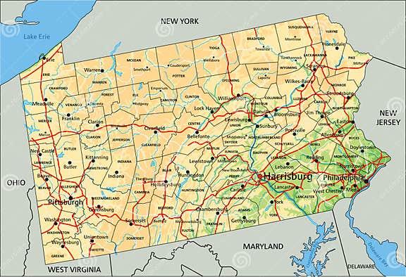 Detailed Pennsylvania Physical Map with Labeling. Stock Vector ...