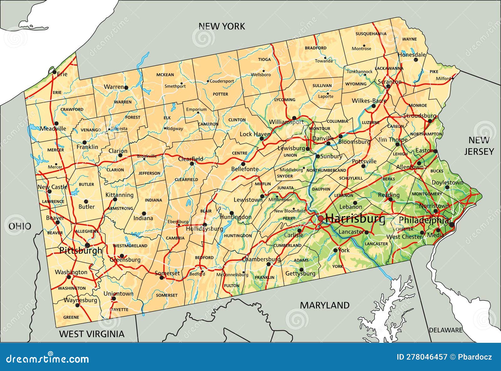 Detailed Pennsylvania Physical Map with Labeling. Stock Vector ...