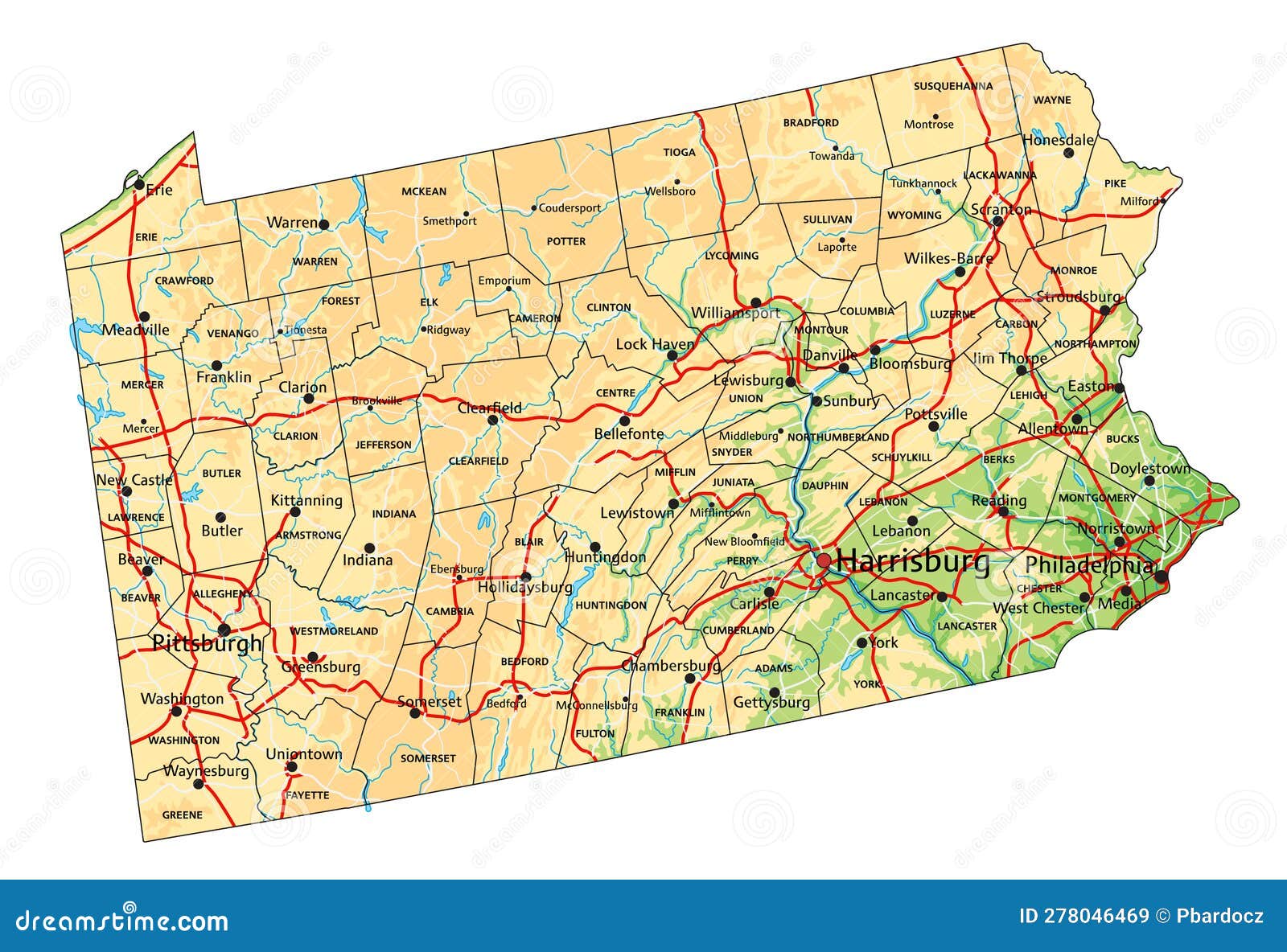 Detailed Pennsylvania Physical Map With Labeling. Cartoon Vector ...