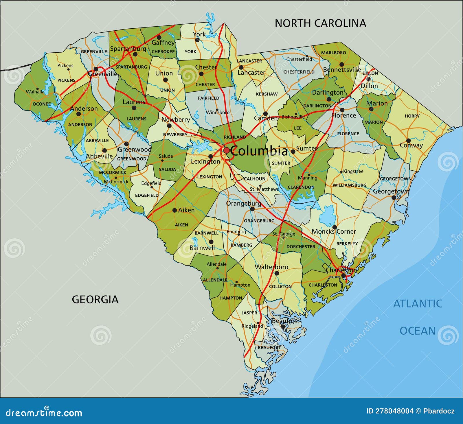Detailed Editable Political Map with Separated Layers. South Carolina ...
