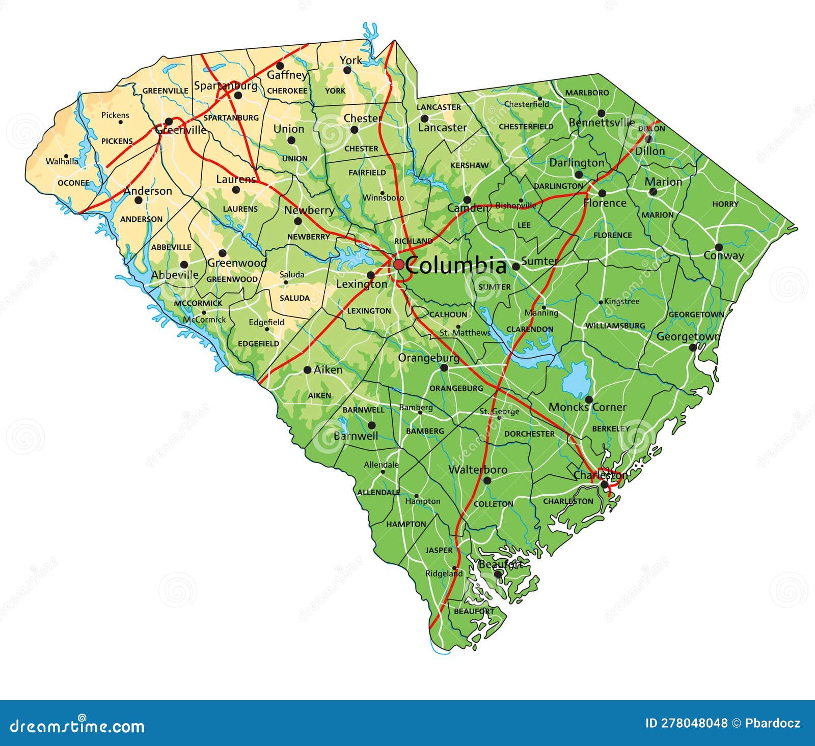Detailed South Carolina Physical Map with Labeling. Stock Illustration ...