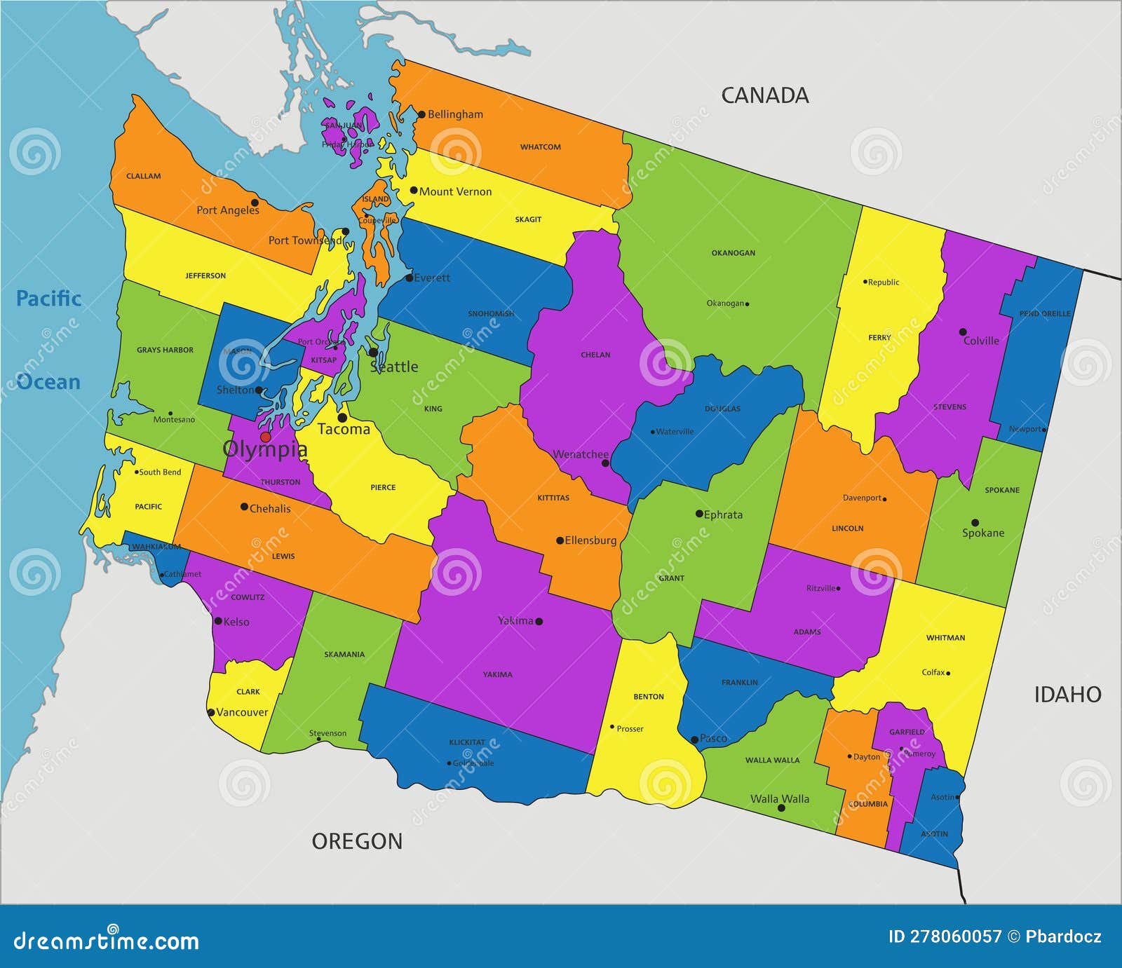 Colorful Washington Political Map with Clearly Labeled, Separated ...