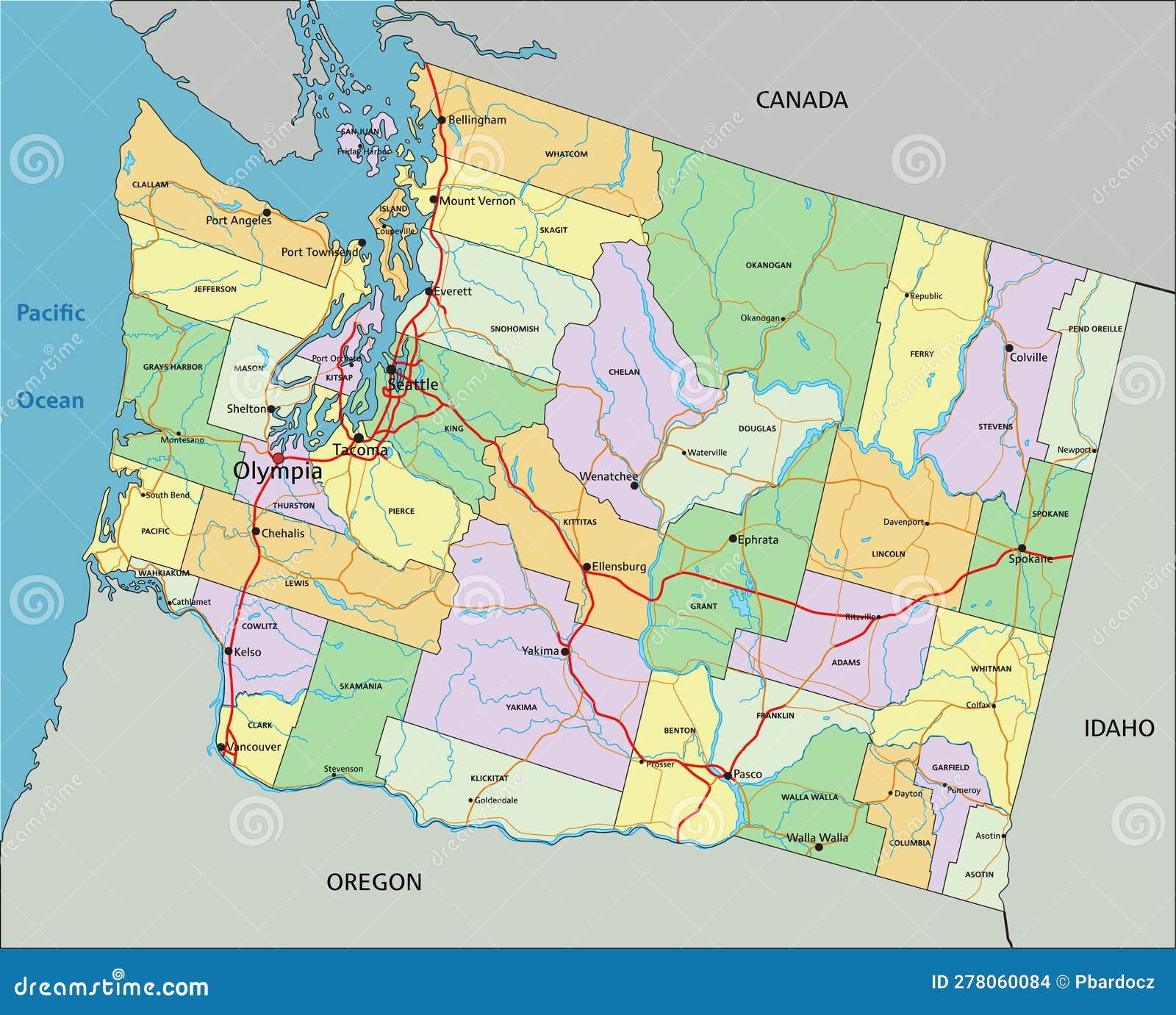 Washington - Detailed Editable Political Map with Labeling. Stock ...