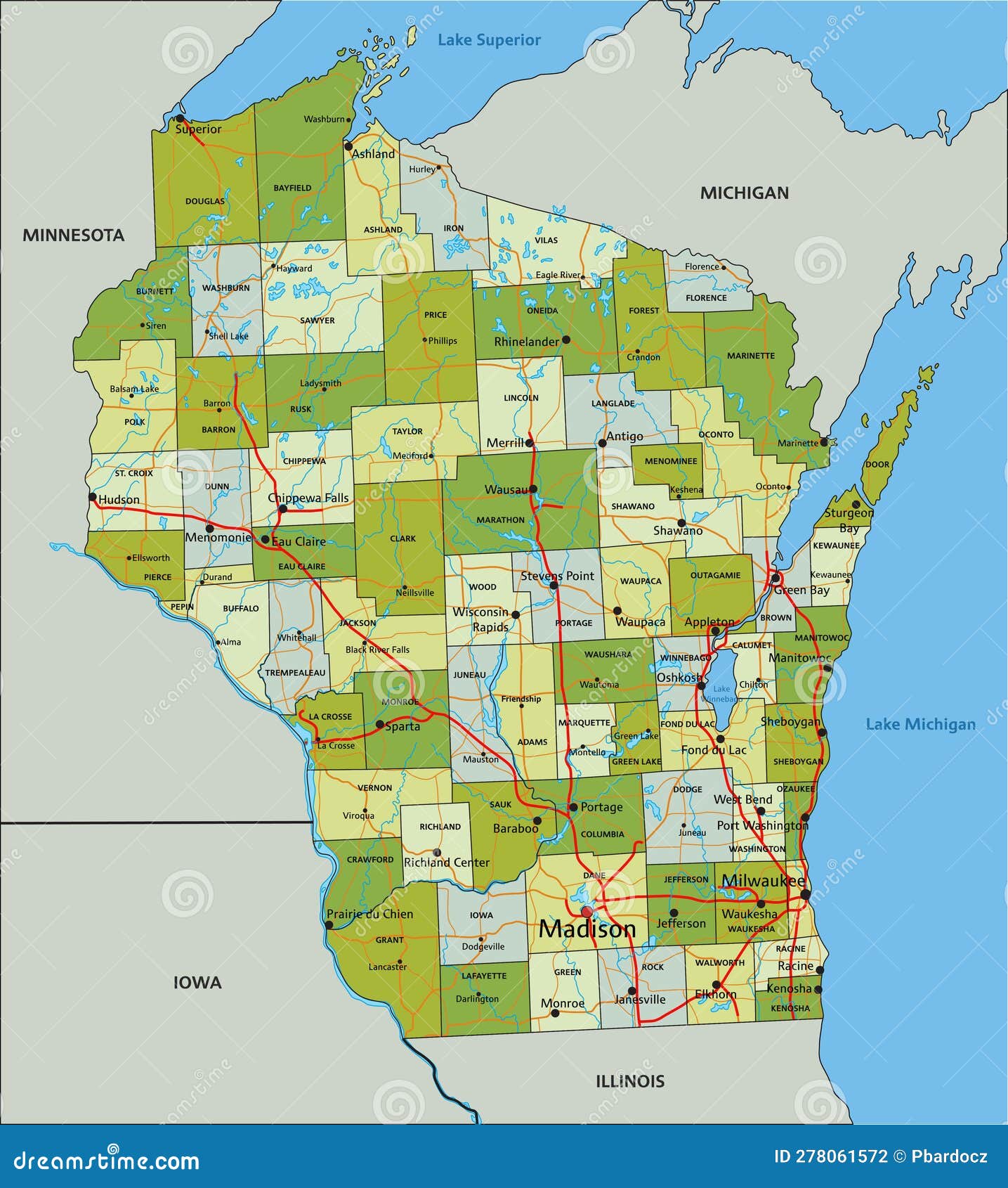 Detailed Editable Political Map with Separated Layers. Wisconsin Stock ...