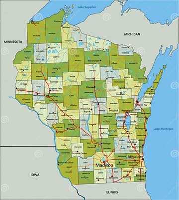 Detailed Editable Political Map with Separated Layers. Wisconsin Stock ...