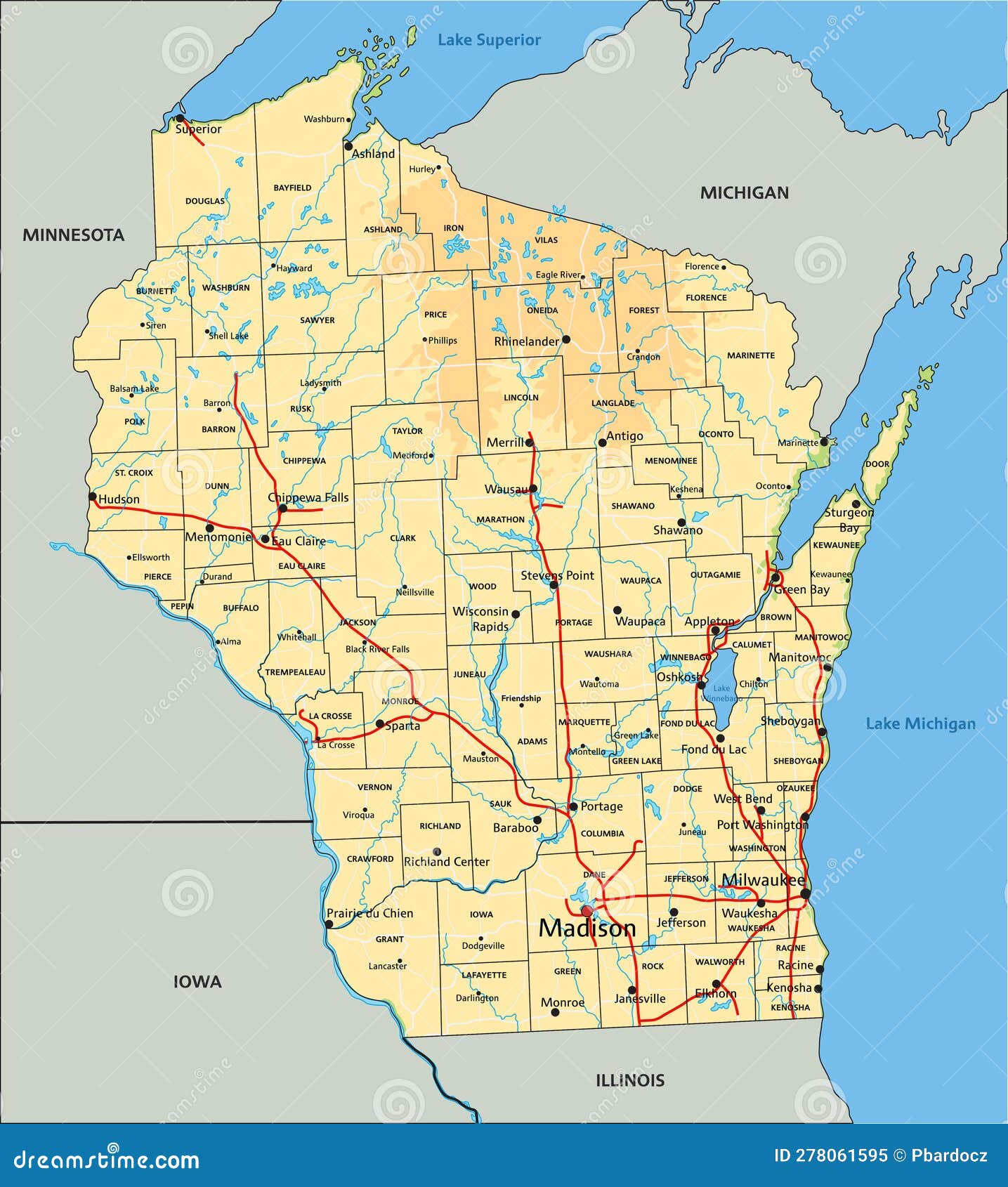 Detailed Wisconsin Physical Map With Labeling. Cartoon Vector ...