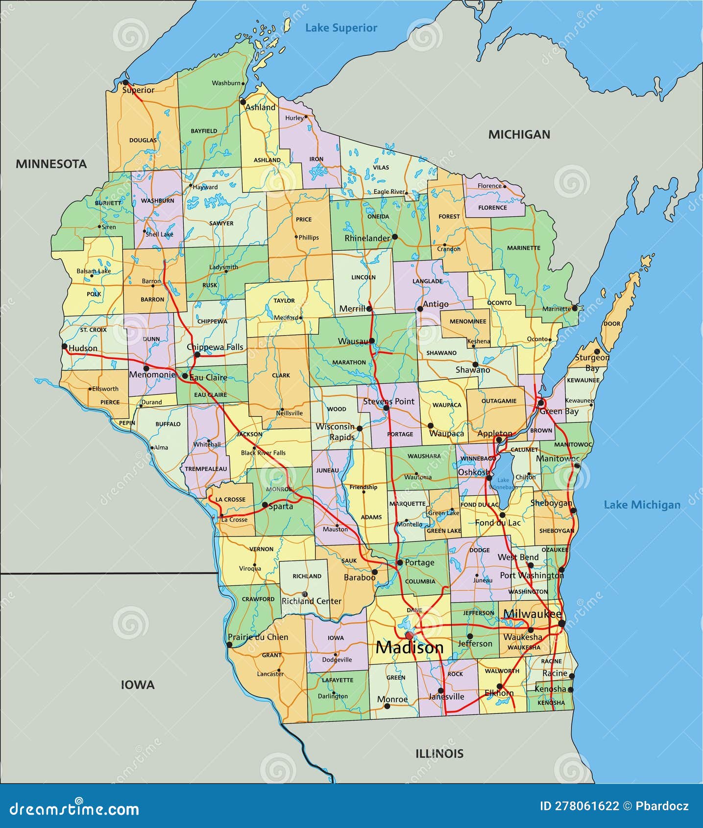 Wisconsin - Detailed Editable Political Map with Labeling. Stock Vector ...