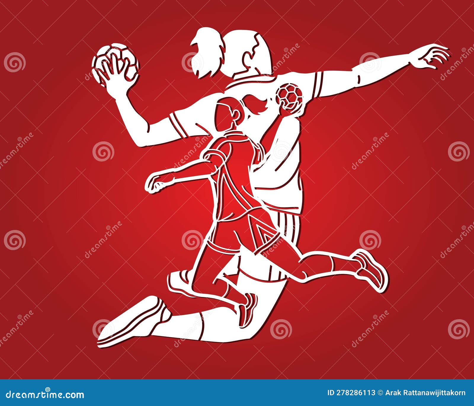 Group of Handball Players Female Mix Action Cartoon Sport Stock ...