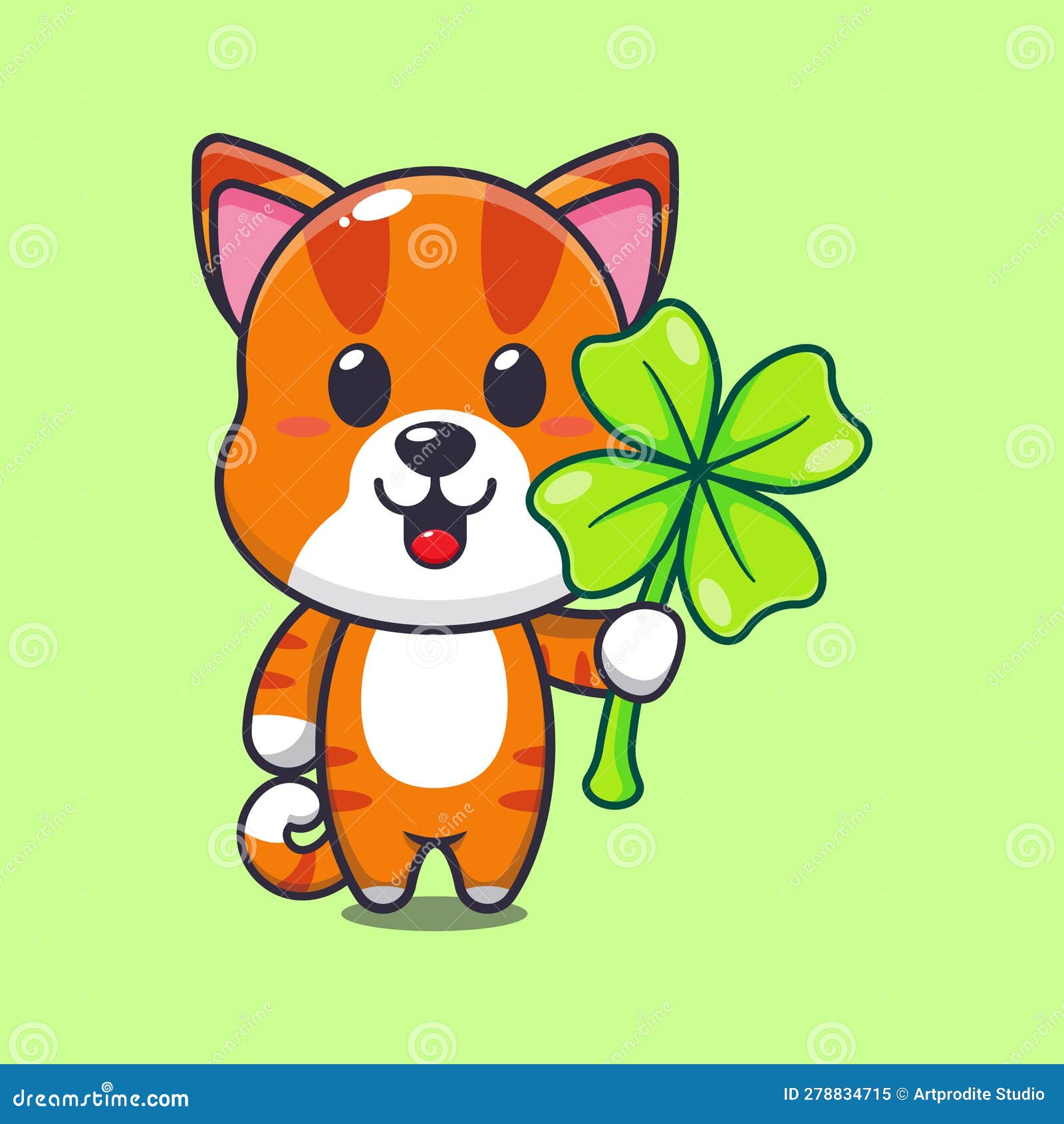 Cat with Clover Leaf Cartoon Vector Illustration. Stock Vector ...