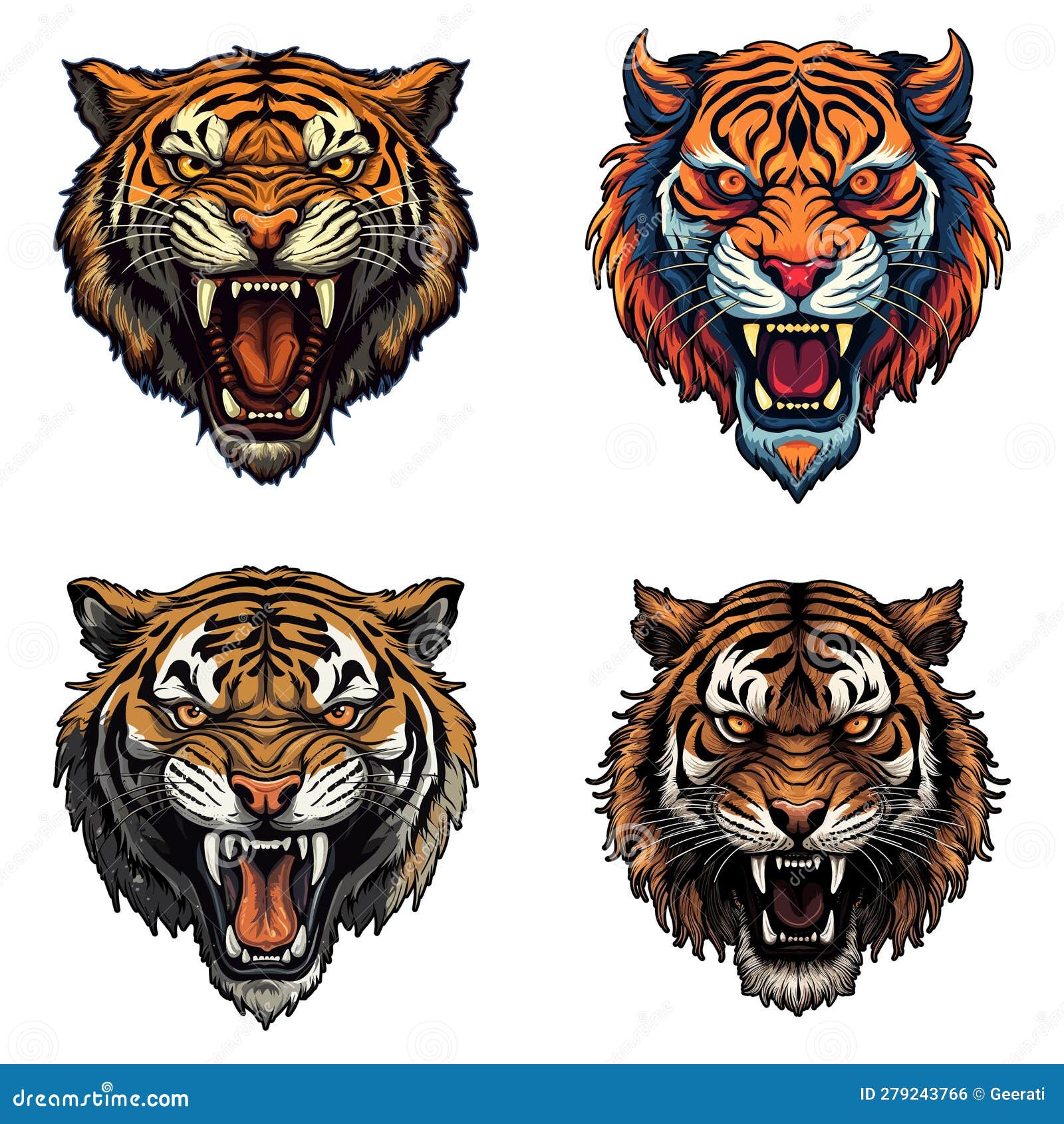 Angry Tiger Head Set, Vector Illustration Stock Vector - Illustration ...