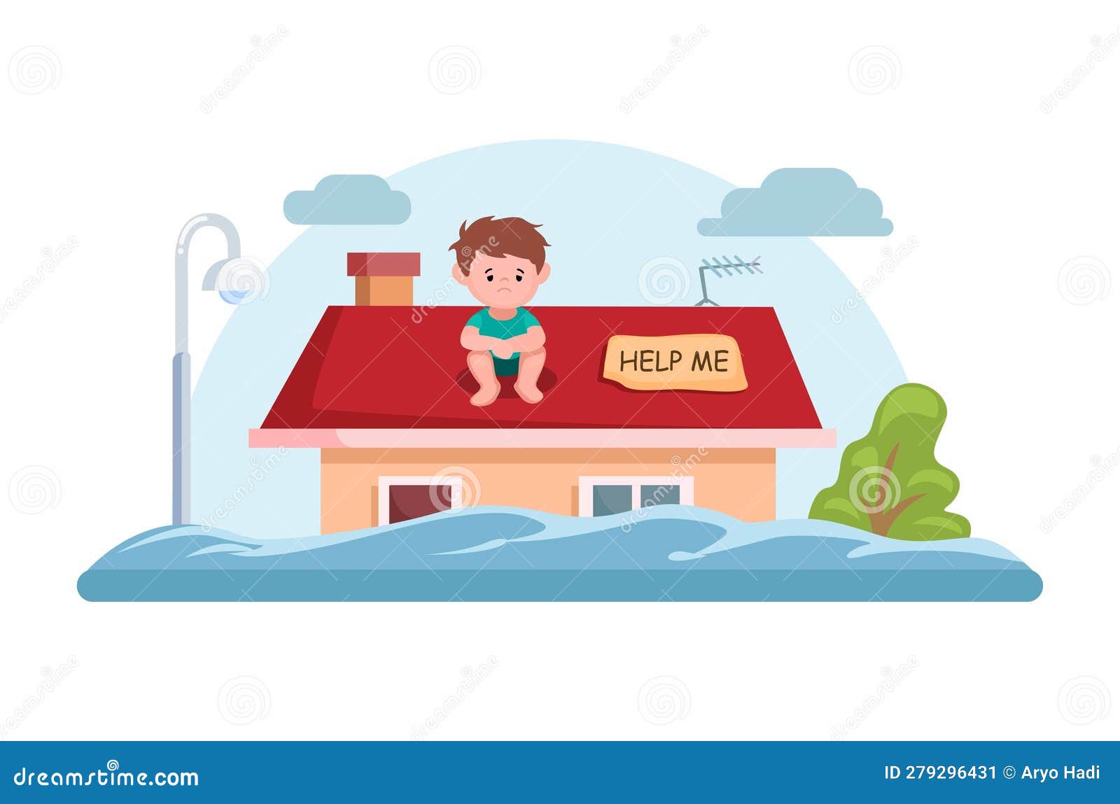 Boy Sitting on the Roof House Surviving Flood Disaster Cartoon ...