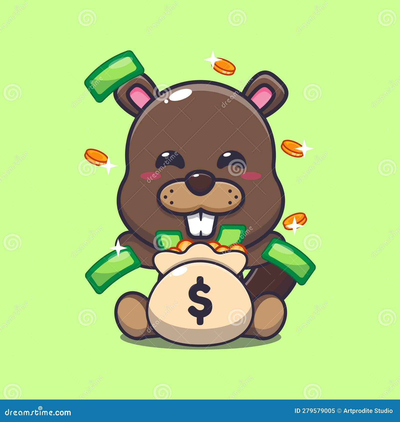 Beaver with Money Bag Cartoon Vector Illustration. Stock Vector ...