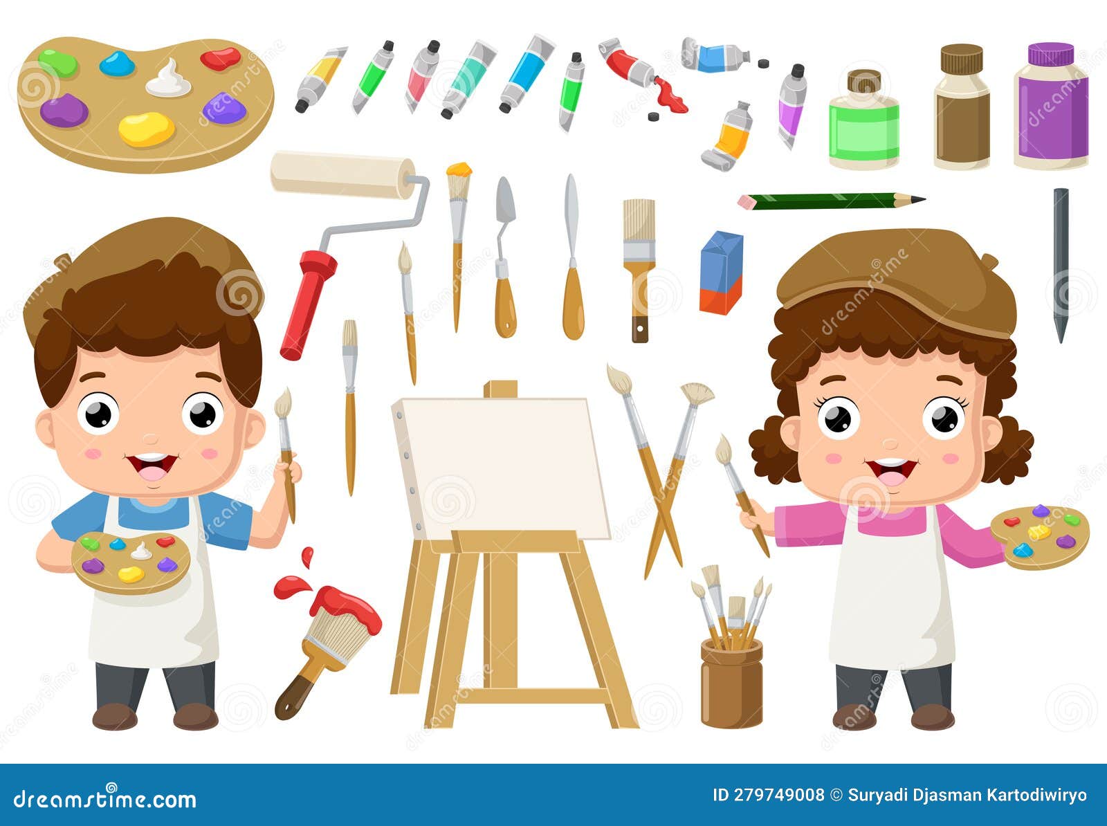 Cute Little Painter with Painting Tools Elements Stock Vector ...