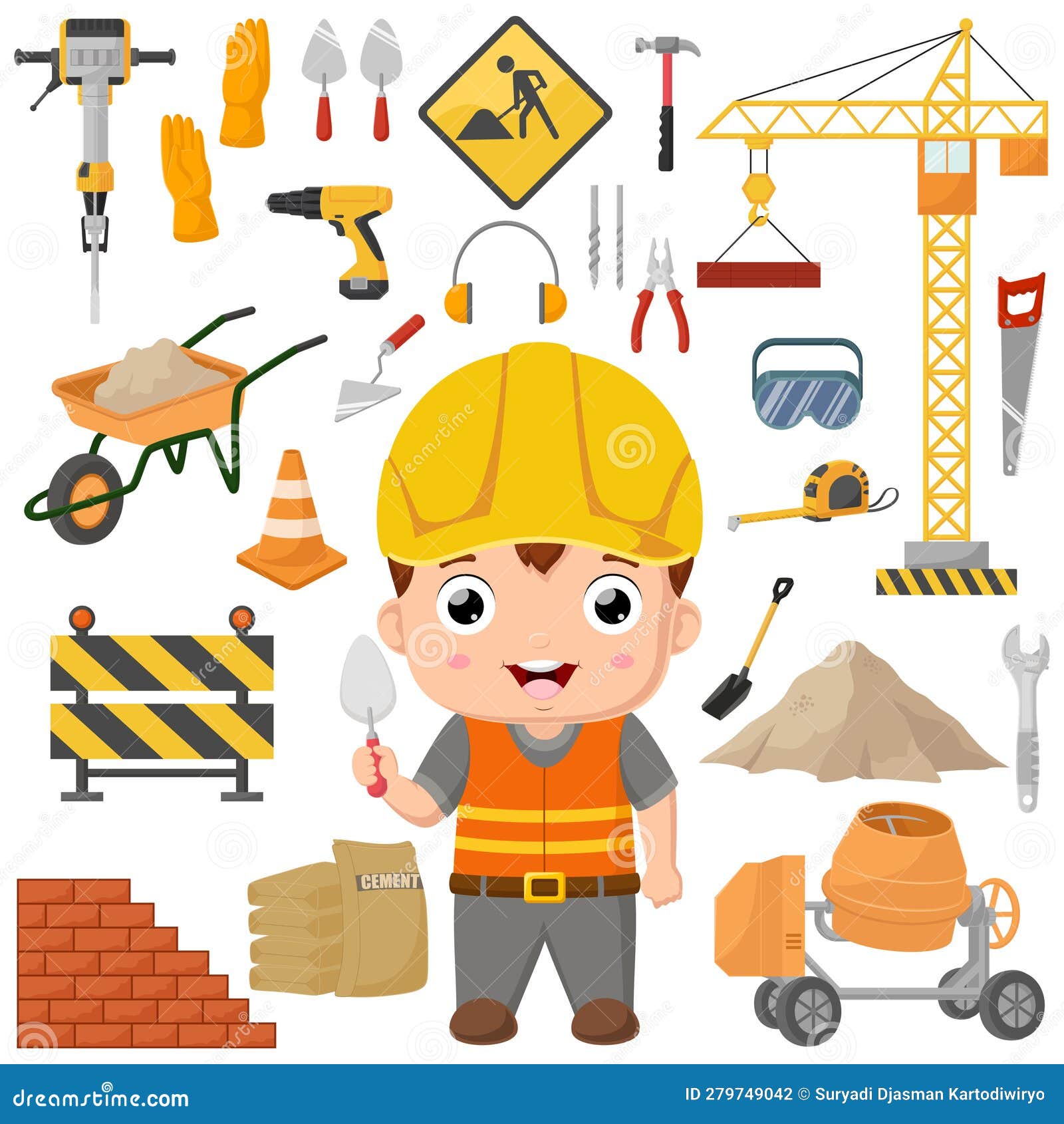 Little Kid Builder Character Wearing Hard Hat With Construction Tool ...