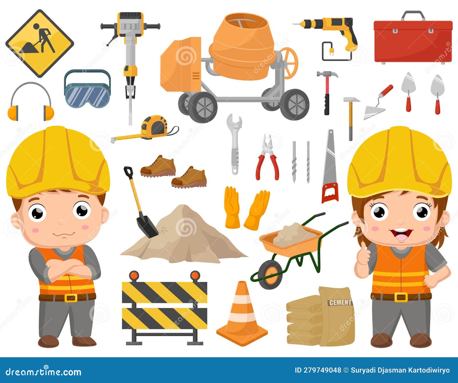 Cute Little Builder Kids with Construction Tools Stock Vector ...