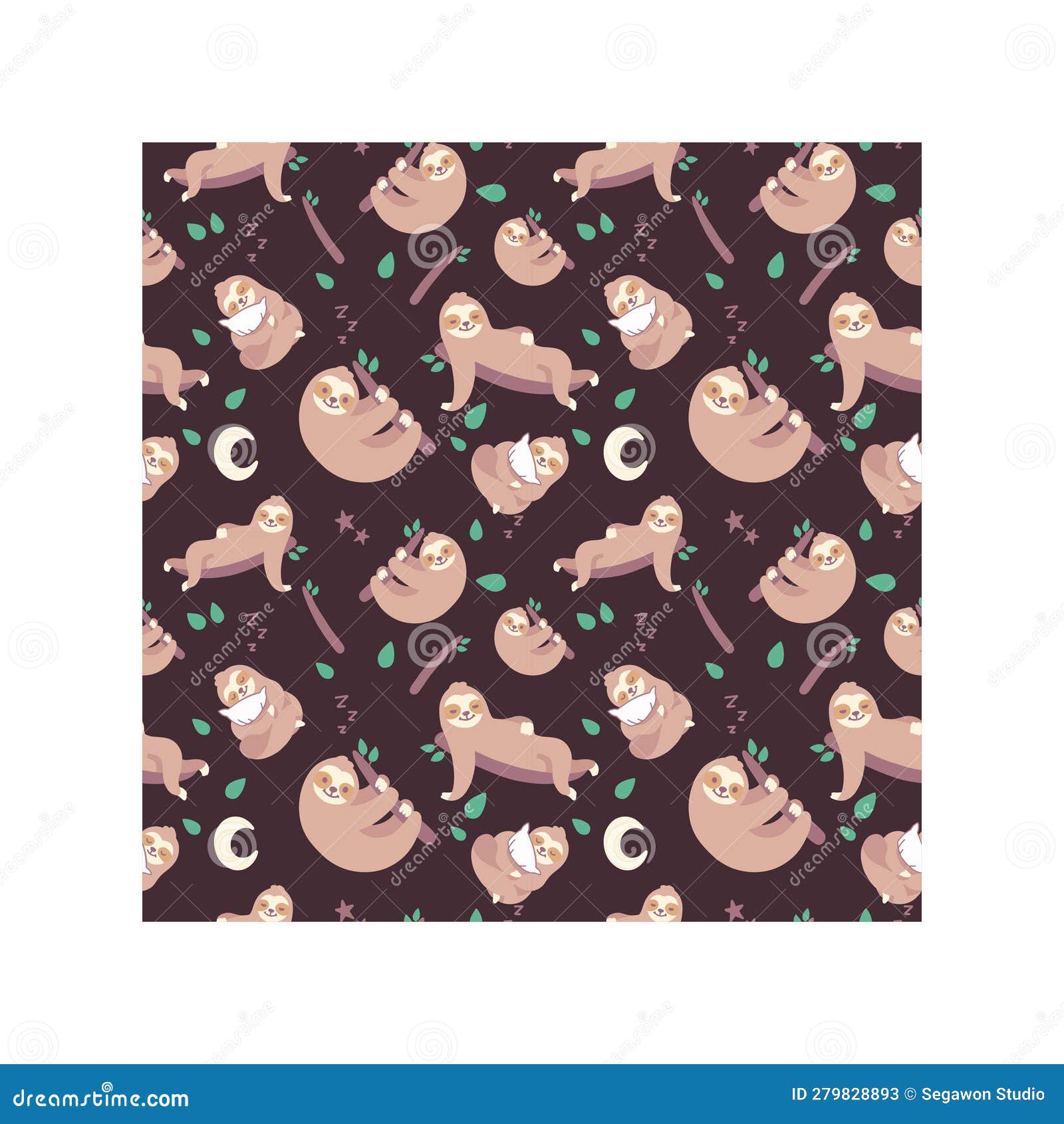 Seamless Pattern Cute Brown Sloth on Brown Dark Background Design Stock ...