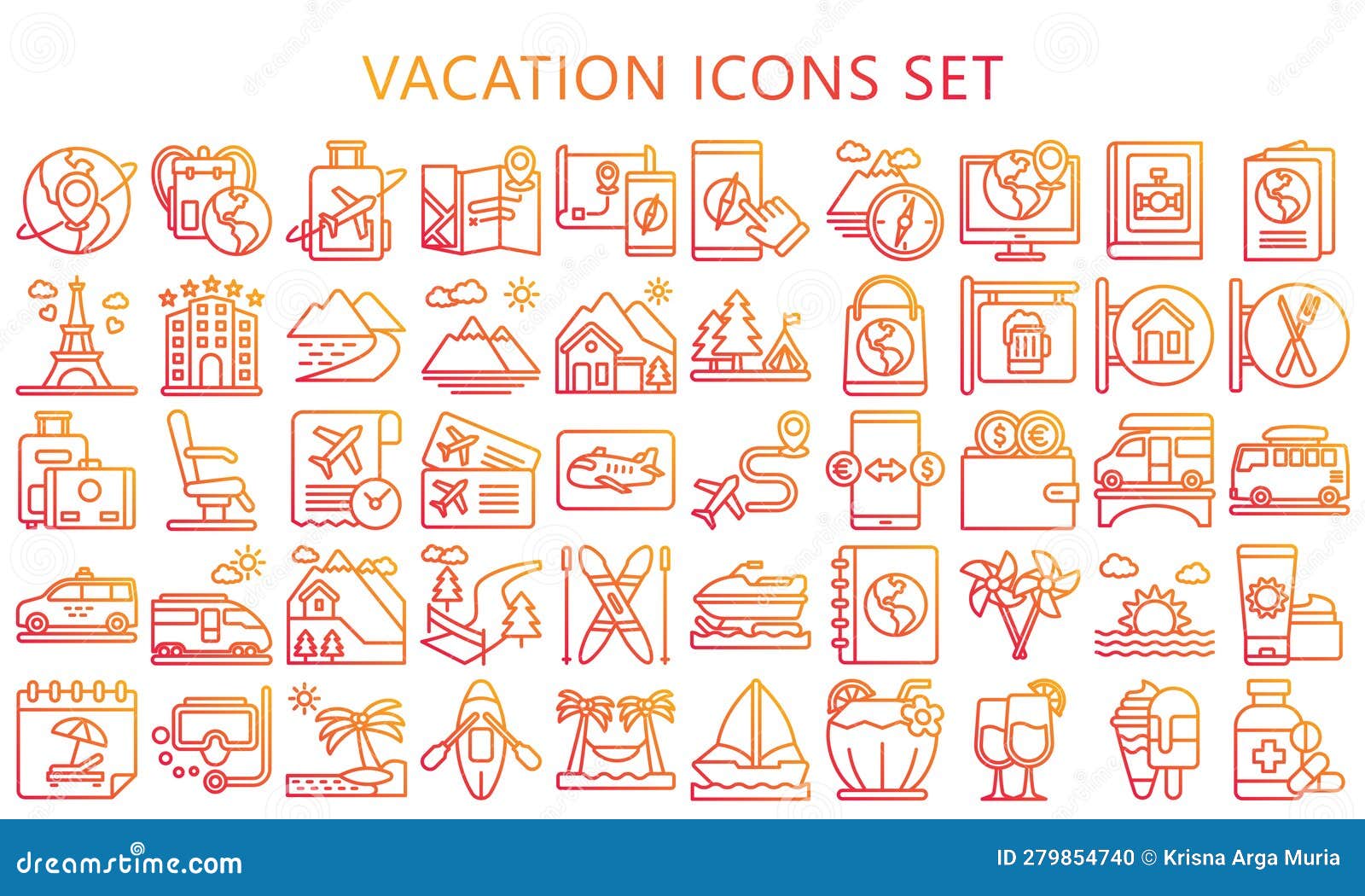 Vacation and Travel Gradient Outline Icons Set Stock Vector ...