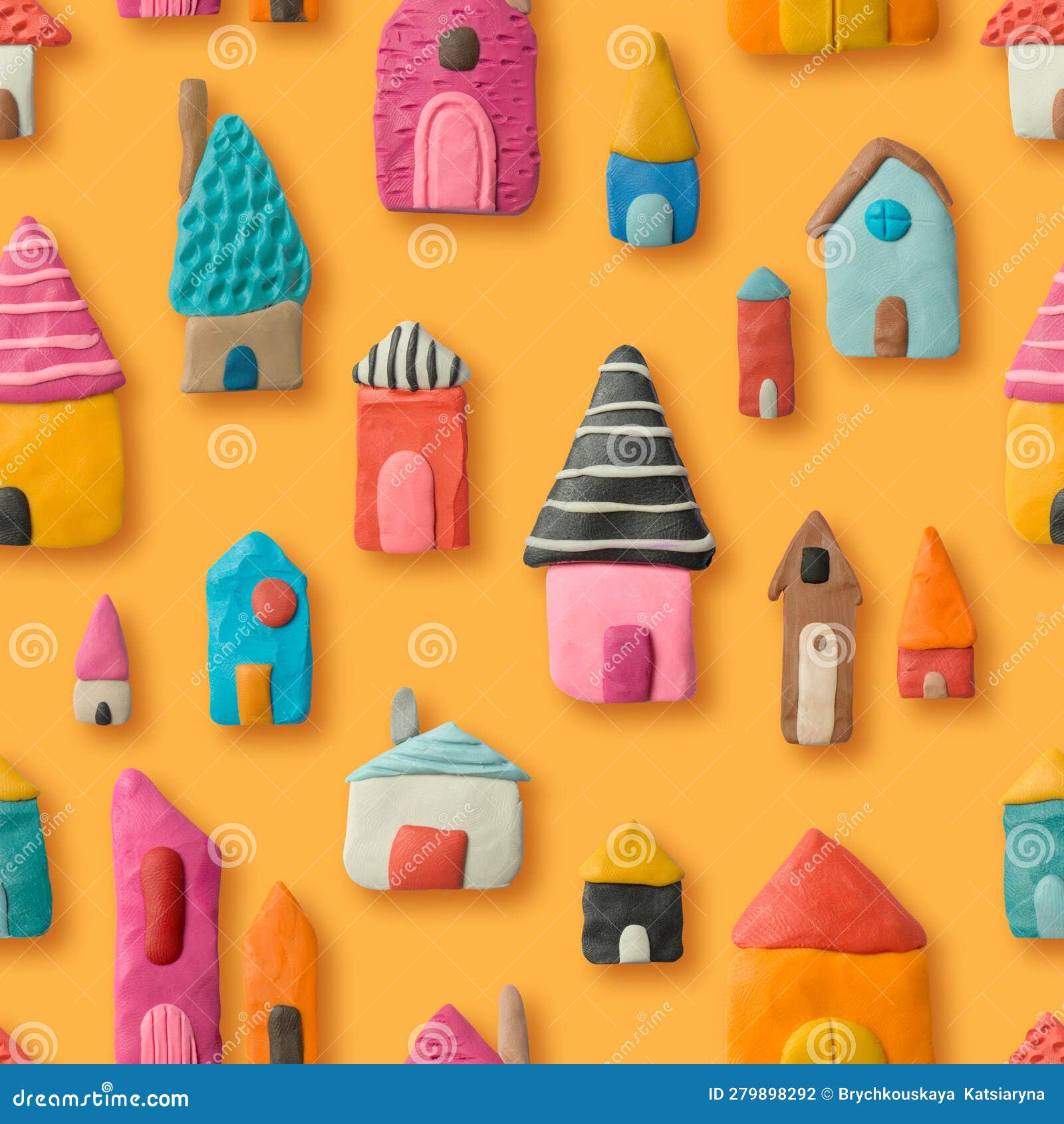 Seamless Pattern of Cute Handmade Houses. Multicolored Plasticine ...