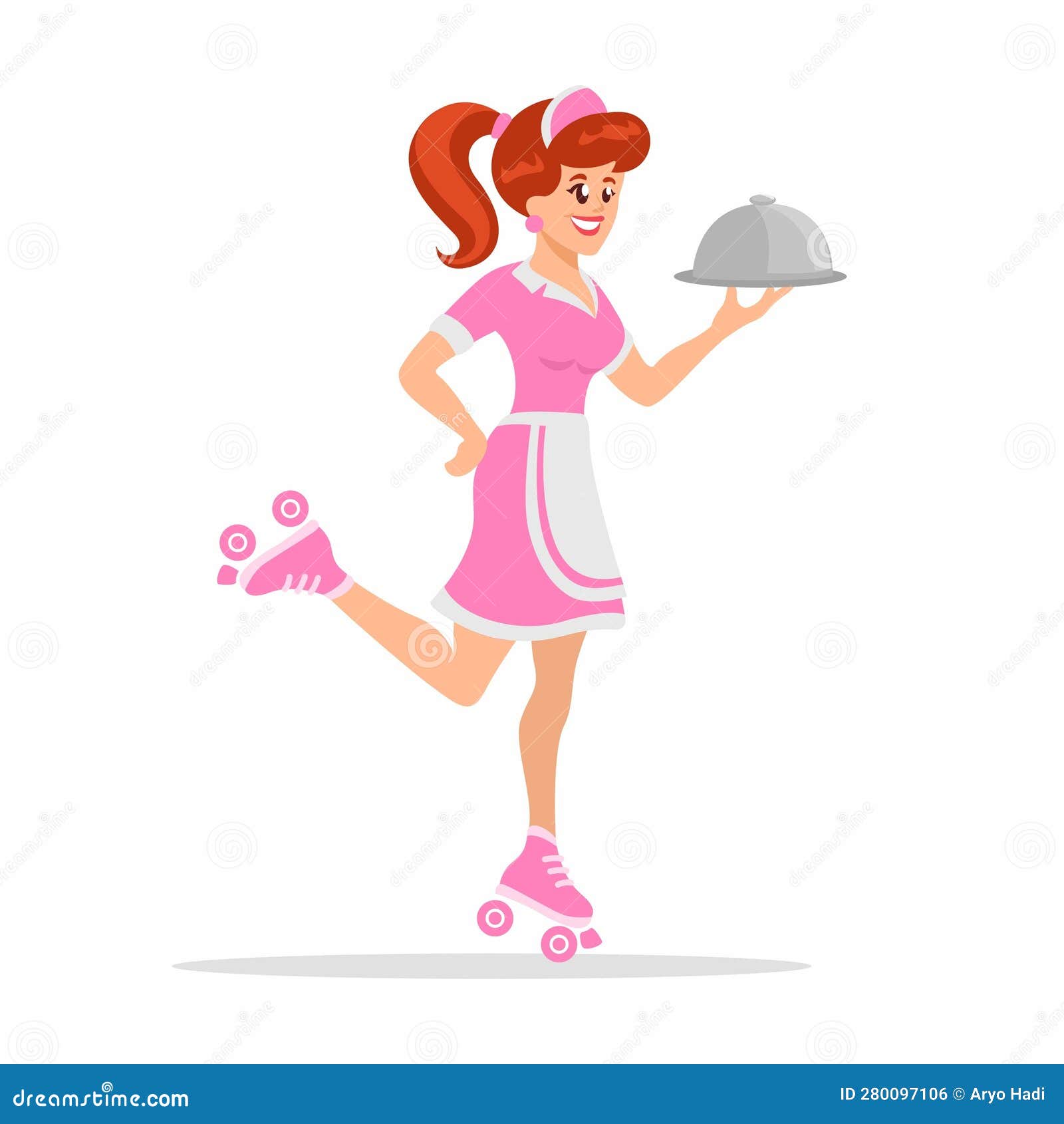 Girl Waitress Holding Food Cover on Roller Skate. Restaurant Worker ...