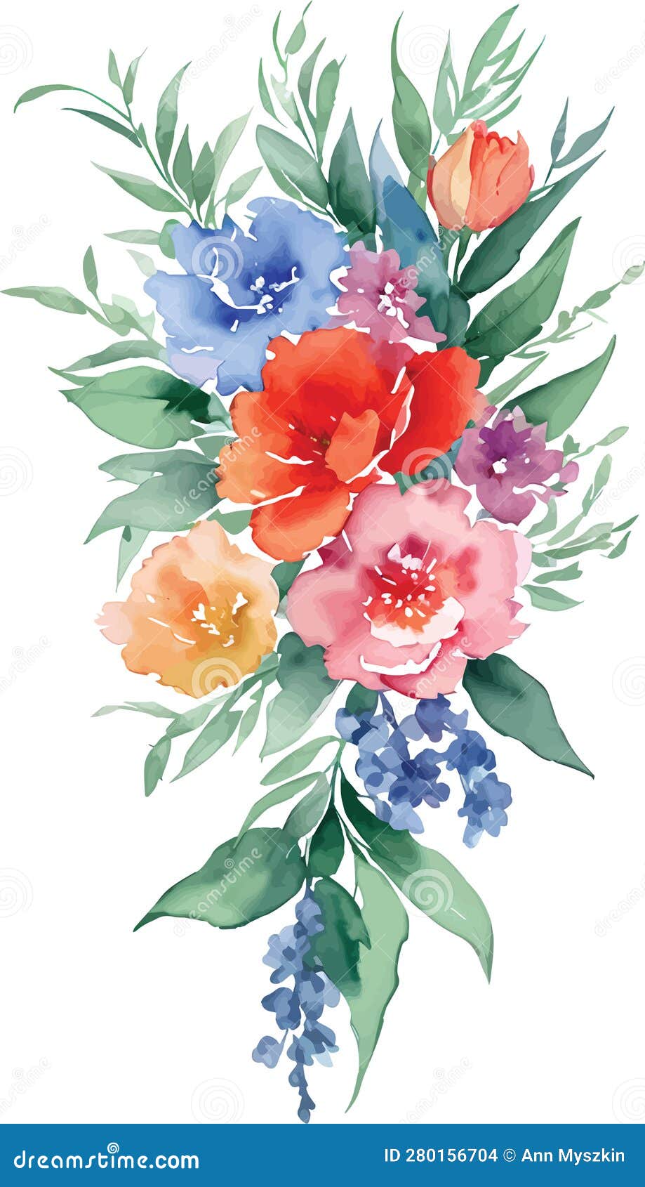 Vector Watercolor Illustration of Pink Red Blue Flowers and Green ...