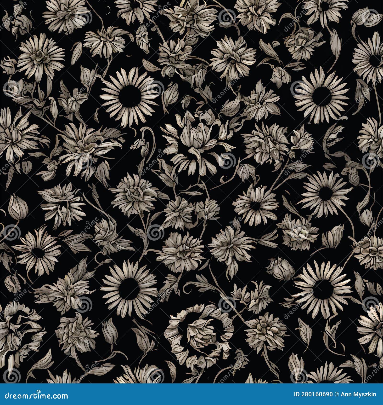 Vector Illustration of Grey Flowers and Leaves on Black Background ...