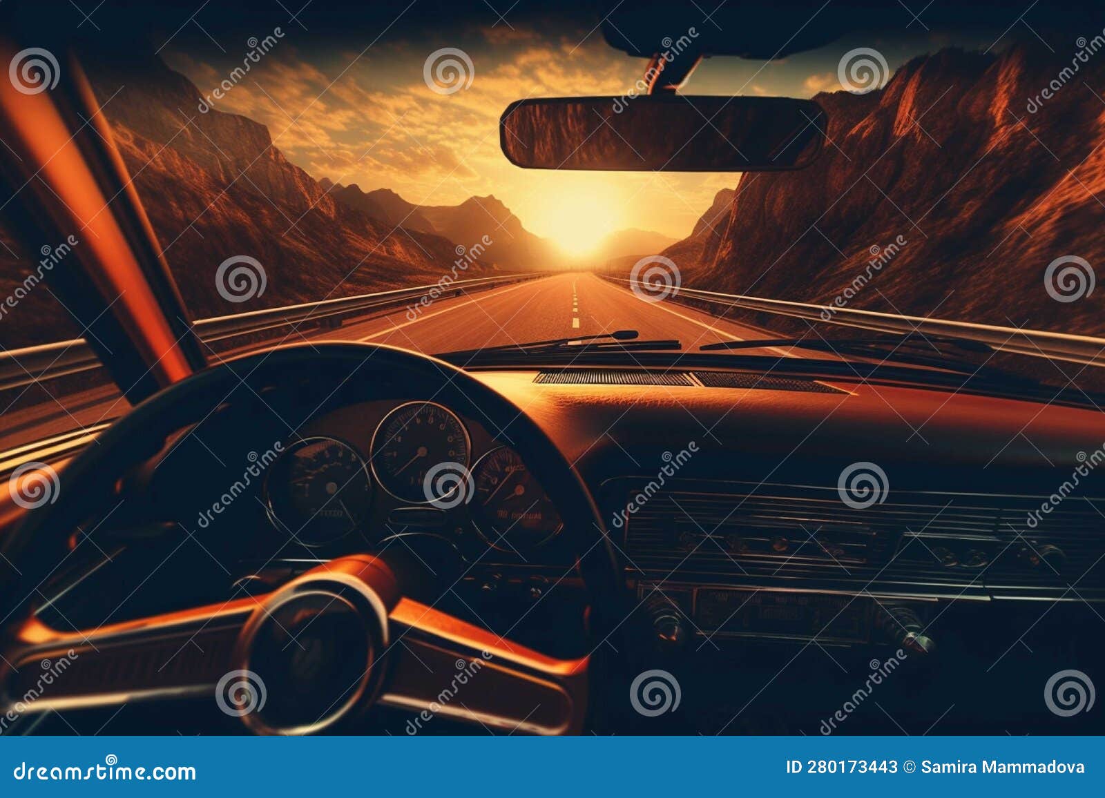 Vintage Car Driving on the Road in the Desert at Sunset Stock ...