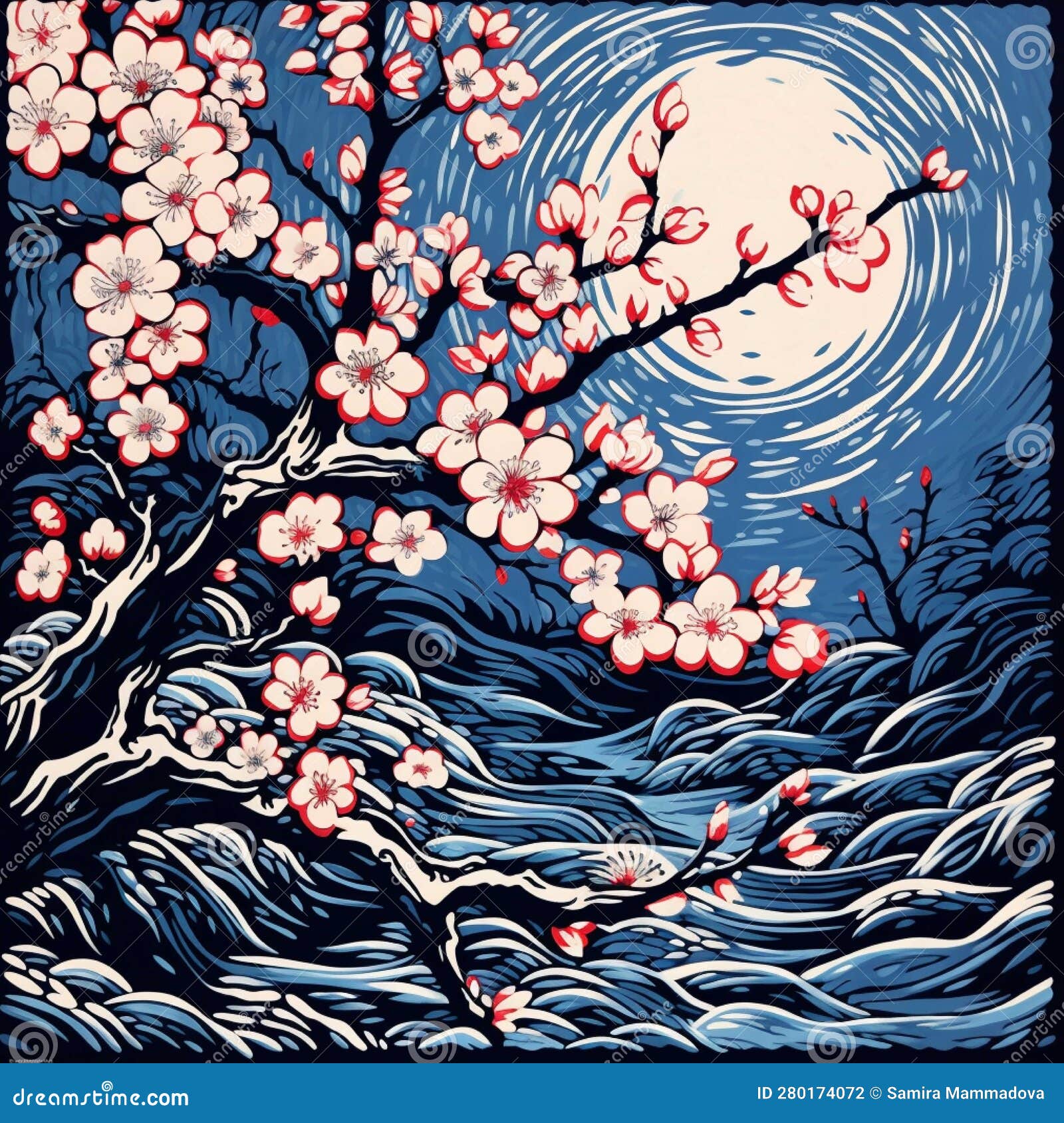 Spring Cherry Blossoms in a Japanese Linocut Style Stock Illustration ...