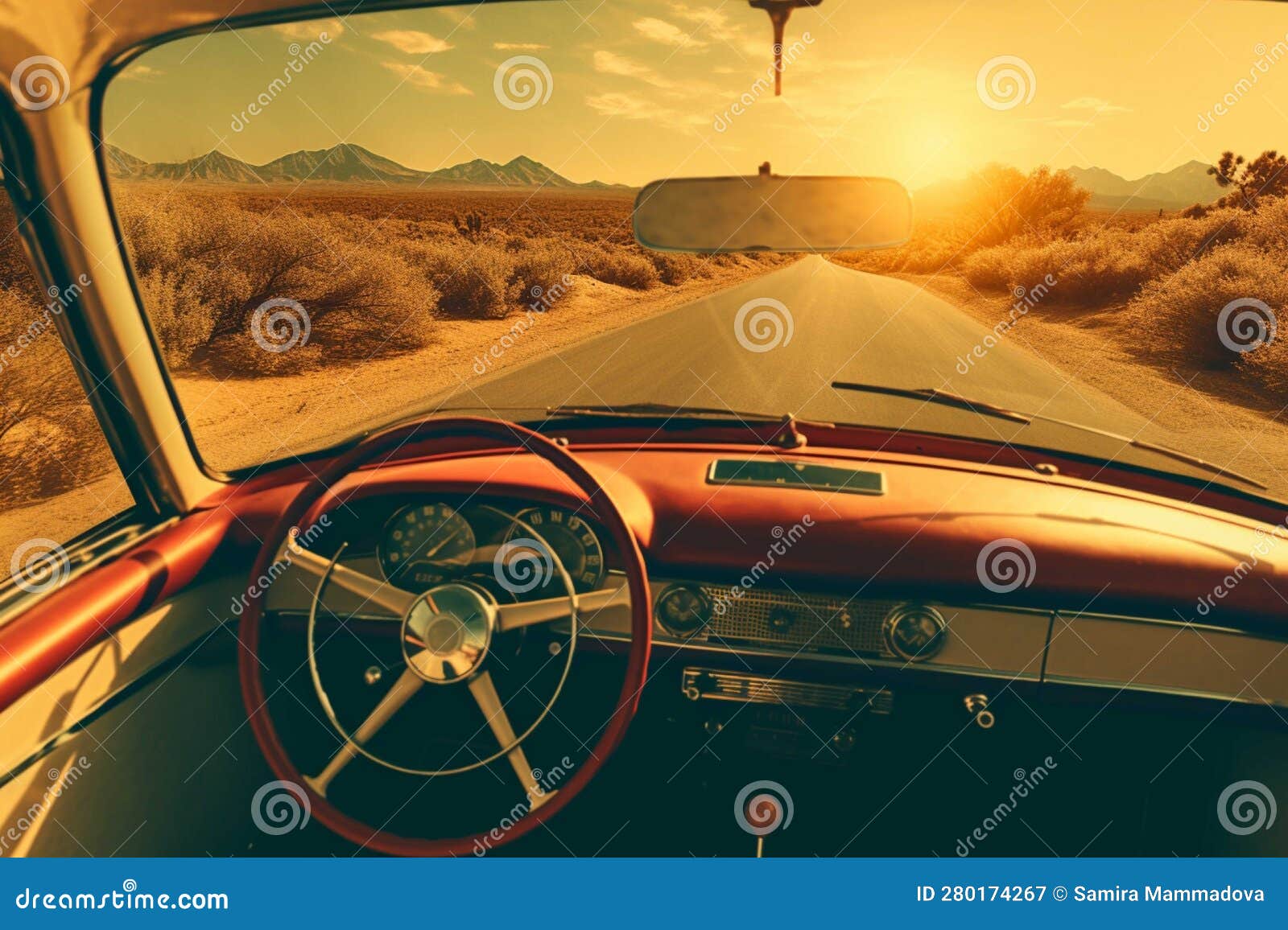 Vintage Car Driving on the Road in the Desert at Sunset Stock ...