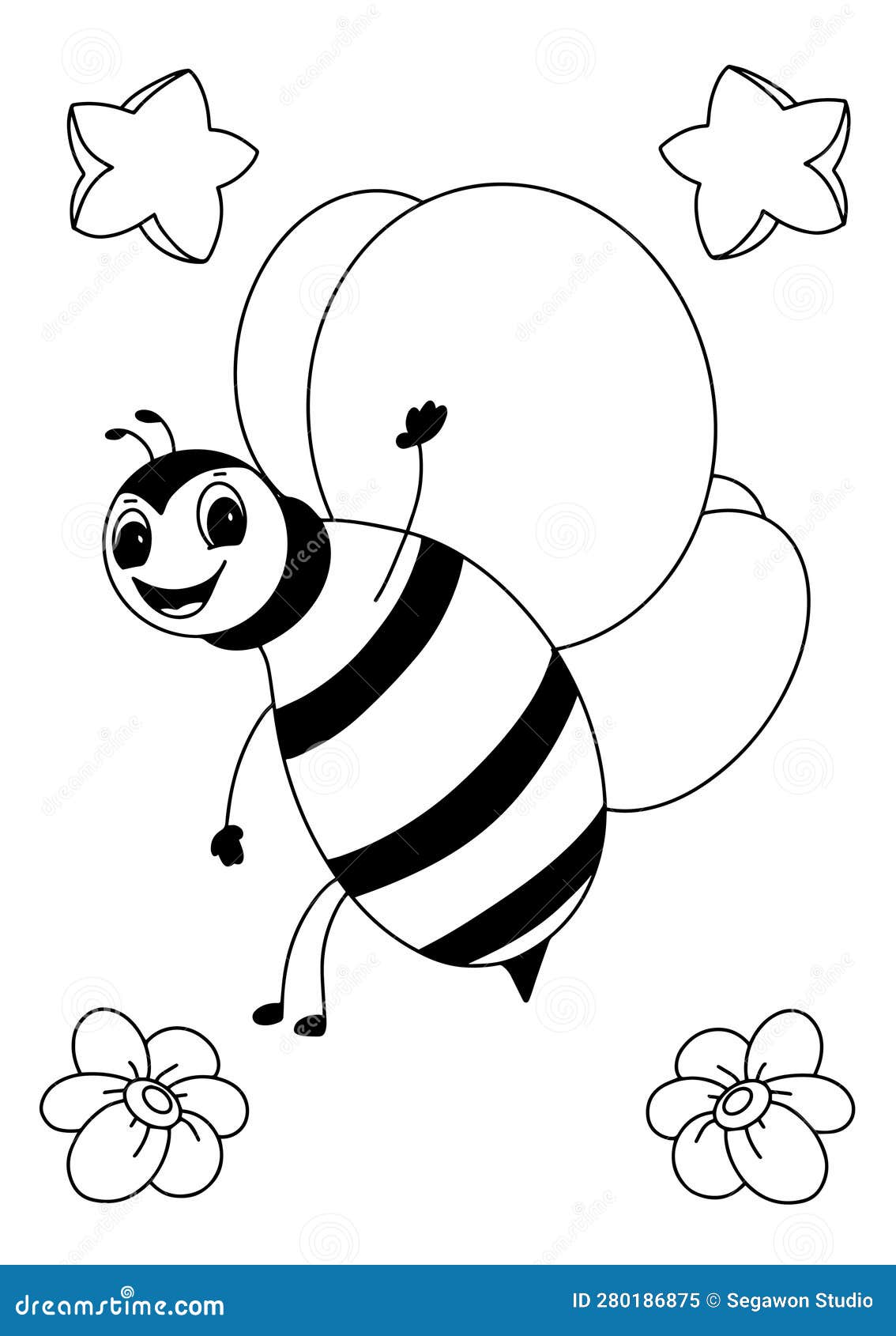 Children Coloring Book Page Cute Bee Fly Star and Flower Illustration ...
