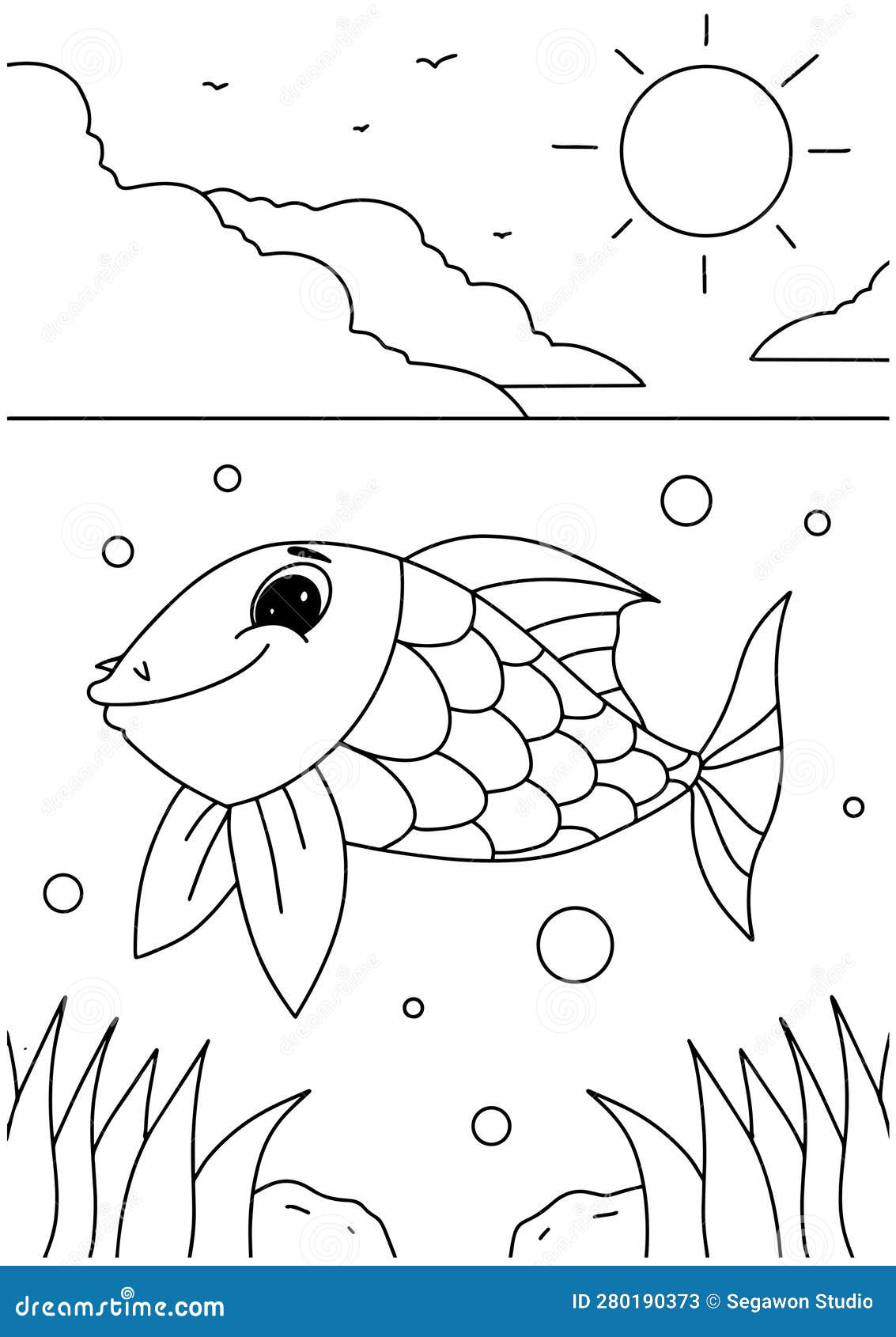 Children Coloring Book Page Big Fish Under Nature Sea Stock Vector ...