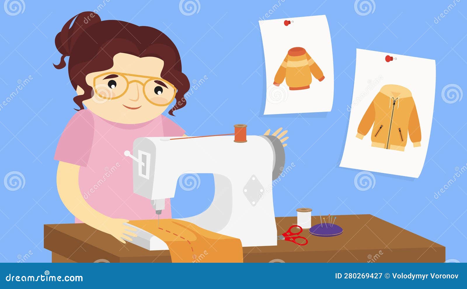 Cute Girl Sewing on a Sewing Machine Stock Vector - Illustration of ...