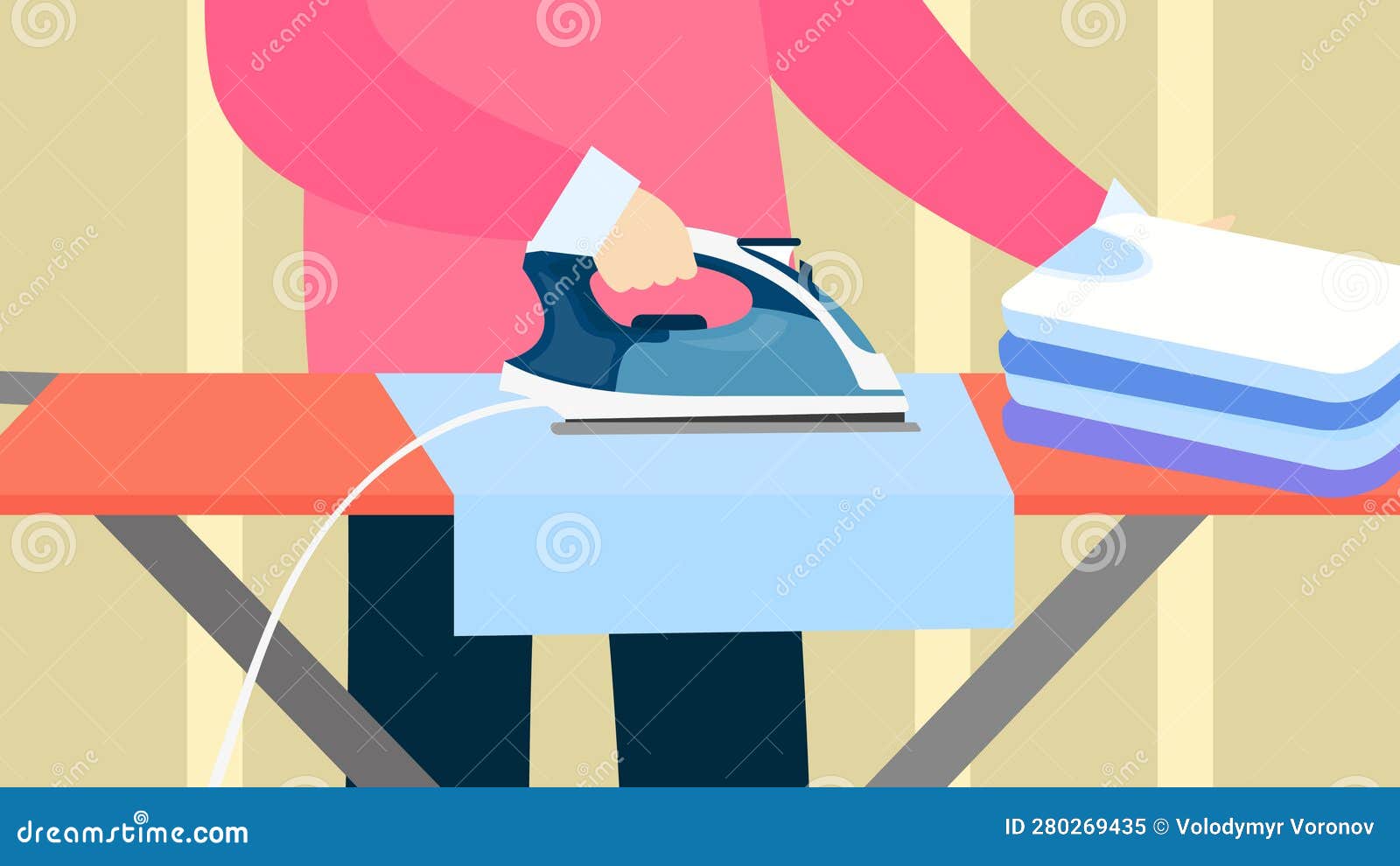 Woman Ironing Clothes on Ironing Board. Stock Vector - Illustration of ...