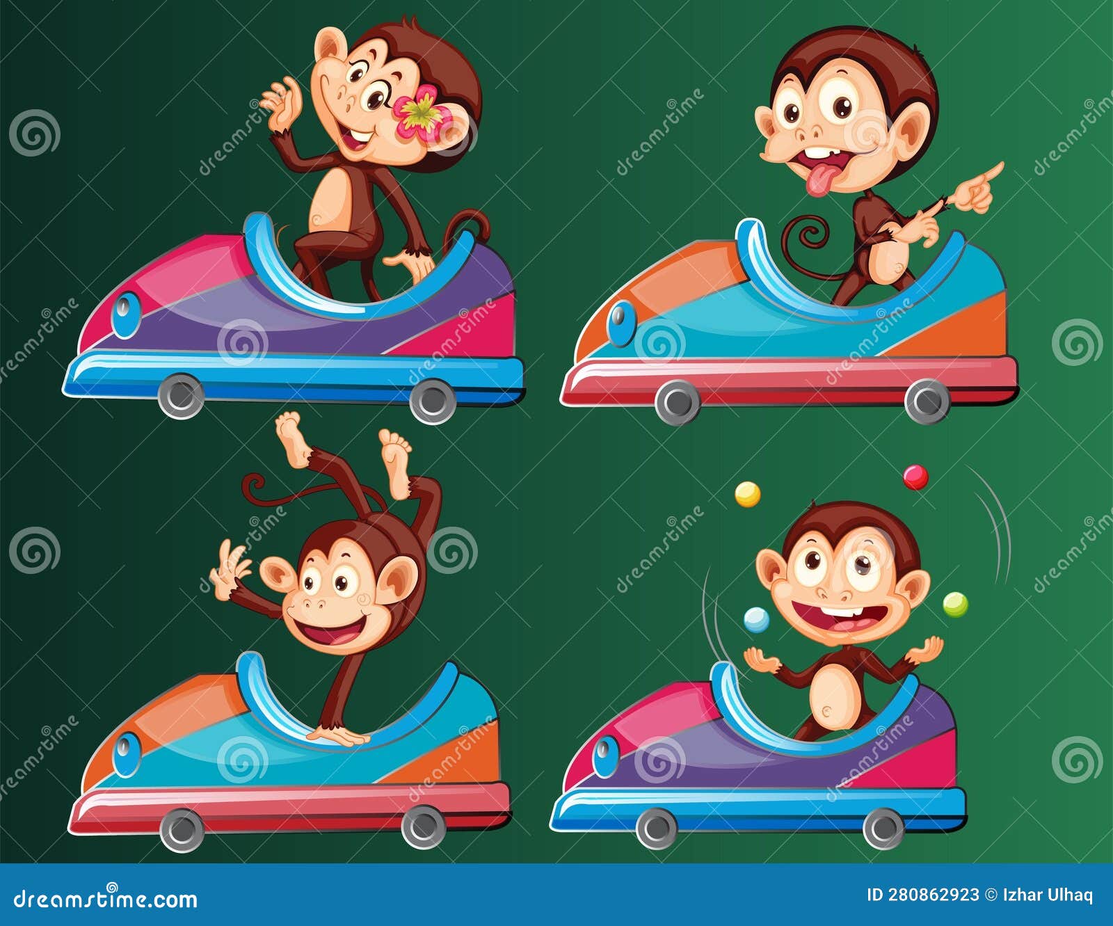 Set of Monkeys Riding on Toy Car Stock Vector - Illustration of ...
