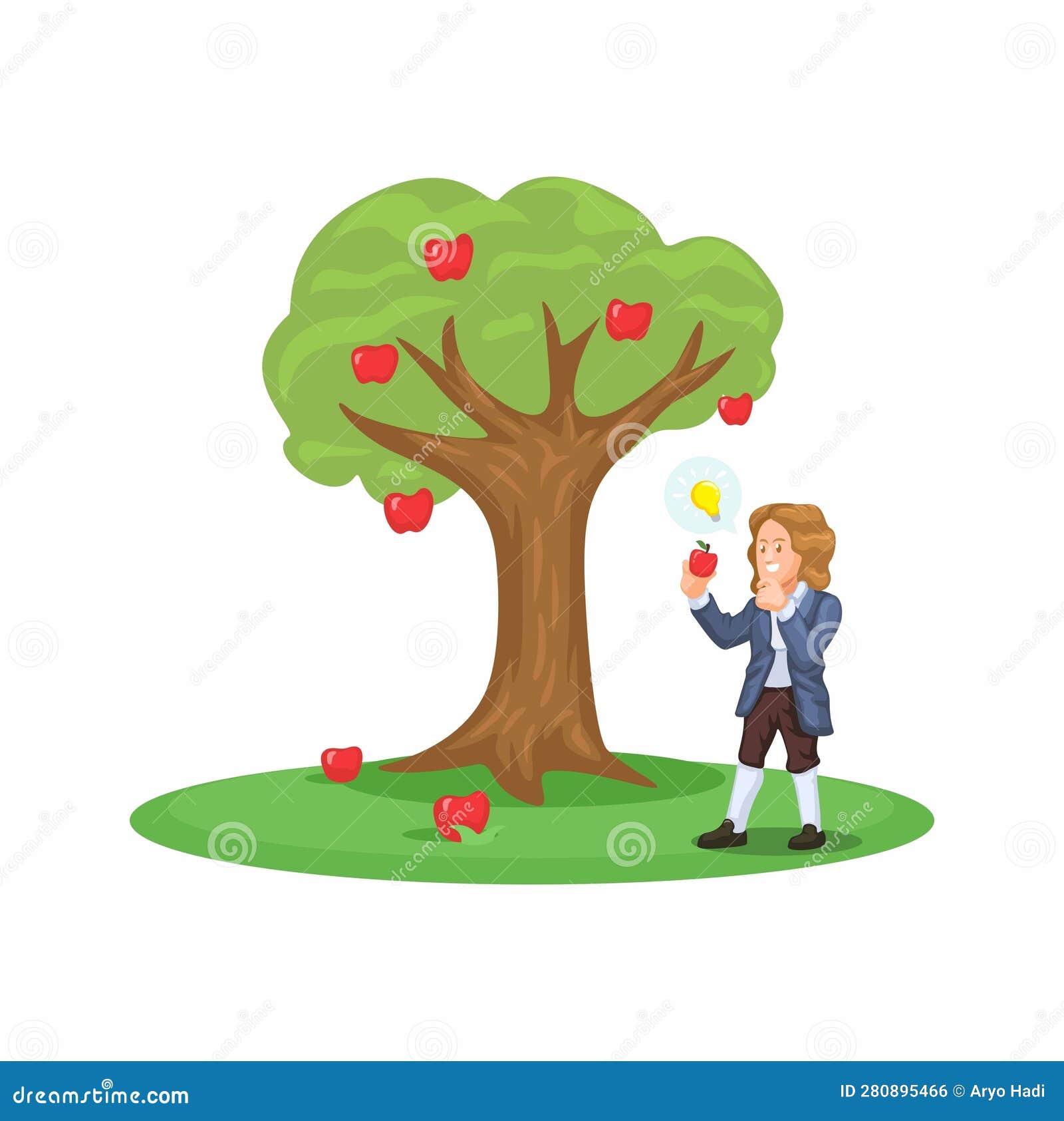 Isaac Newton Discoverer of the Theory of Gravity Scene Cartoon ...