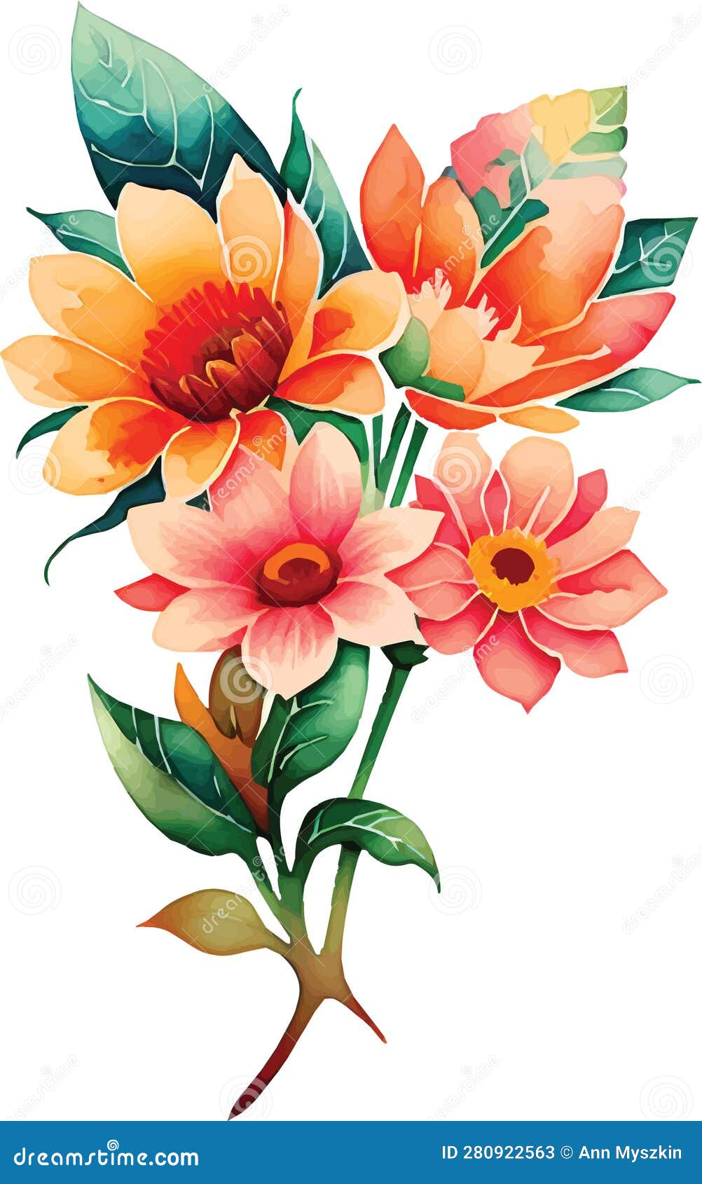 Vector Illustration of Pink Orange Flowers and Green Leaves Isolated on ...