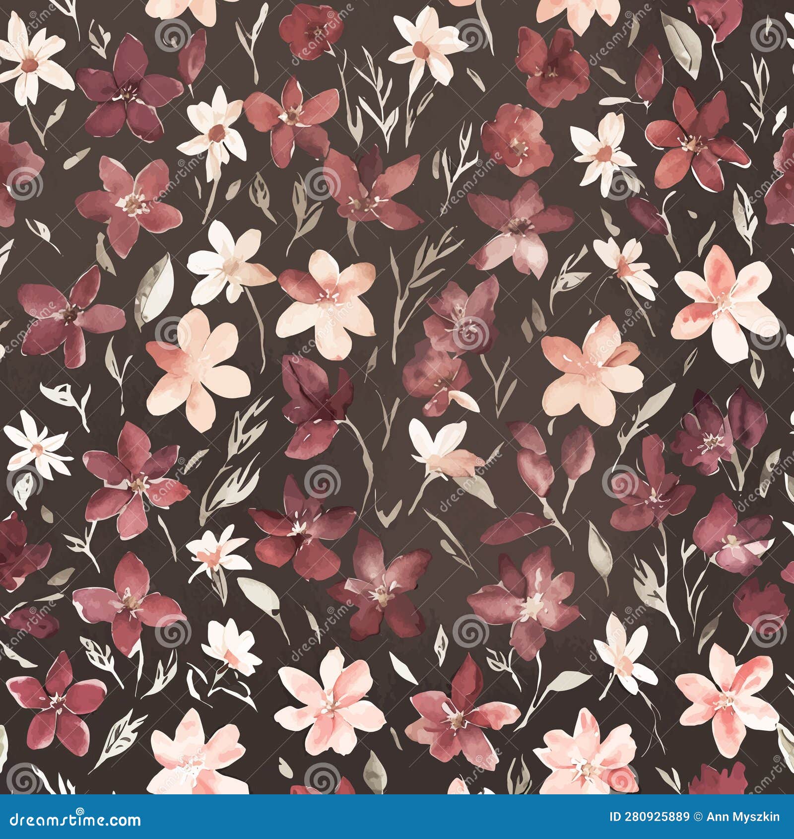 Vector Illustration of Pink Brown Flowers and Leaves on Dark Brown ...