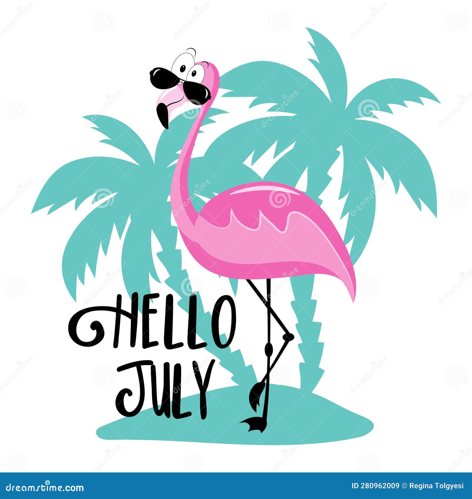 Hello July - Happy Summer Greeting with Flamingo in Island. Stock ...