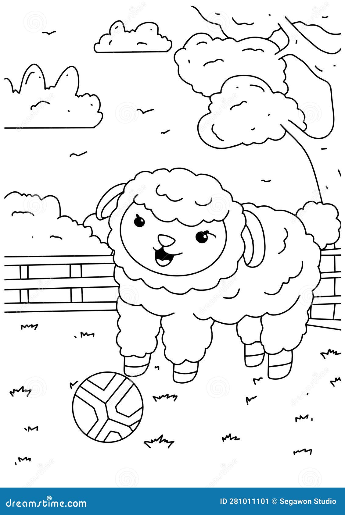 Children Coloring Book Sheep Play Ball in Nature Field Stock Vector ...
