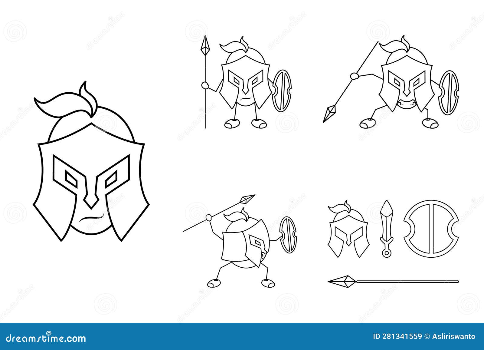 Collection of Spartan Line Art Illustration. Vintage, Mascot, Emoticon ...