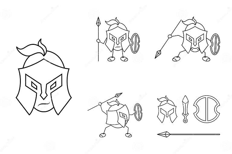 Collection of Spartan Line Art Illustration. Vintage, Mascot, Emoticon ...