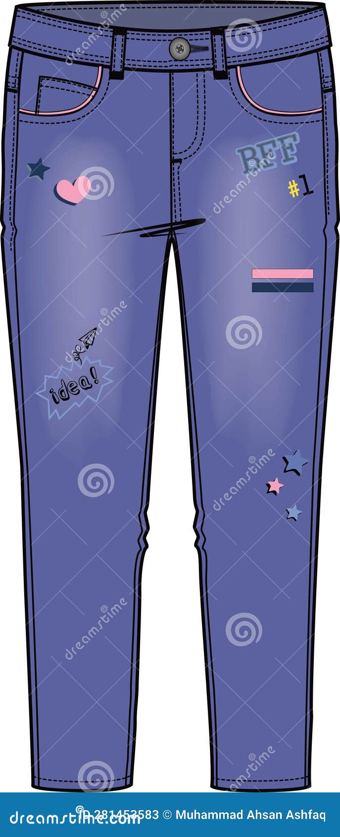 Girls and Women Wear Denim Jeans Printed Pant Stock Vector ...